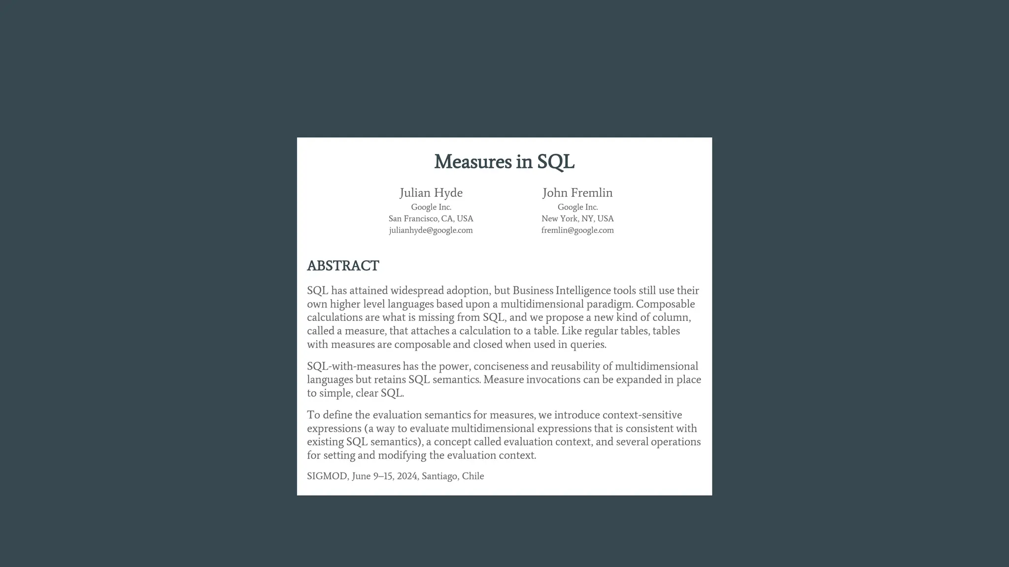 Measures in SQL (SIGMOD 2024, Santiago, Chile) | PPTX