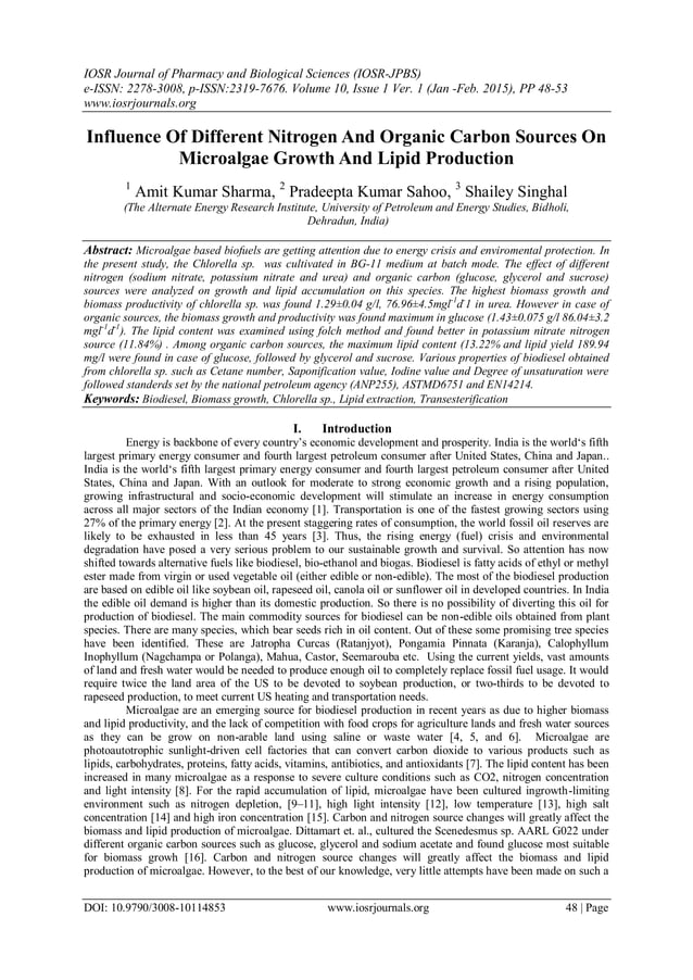 Influence Of Different Nitrogen And Organic Carbon Sources On Microalgae Growth And Lipid ...