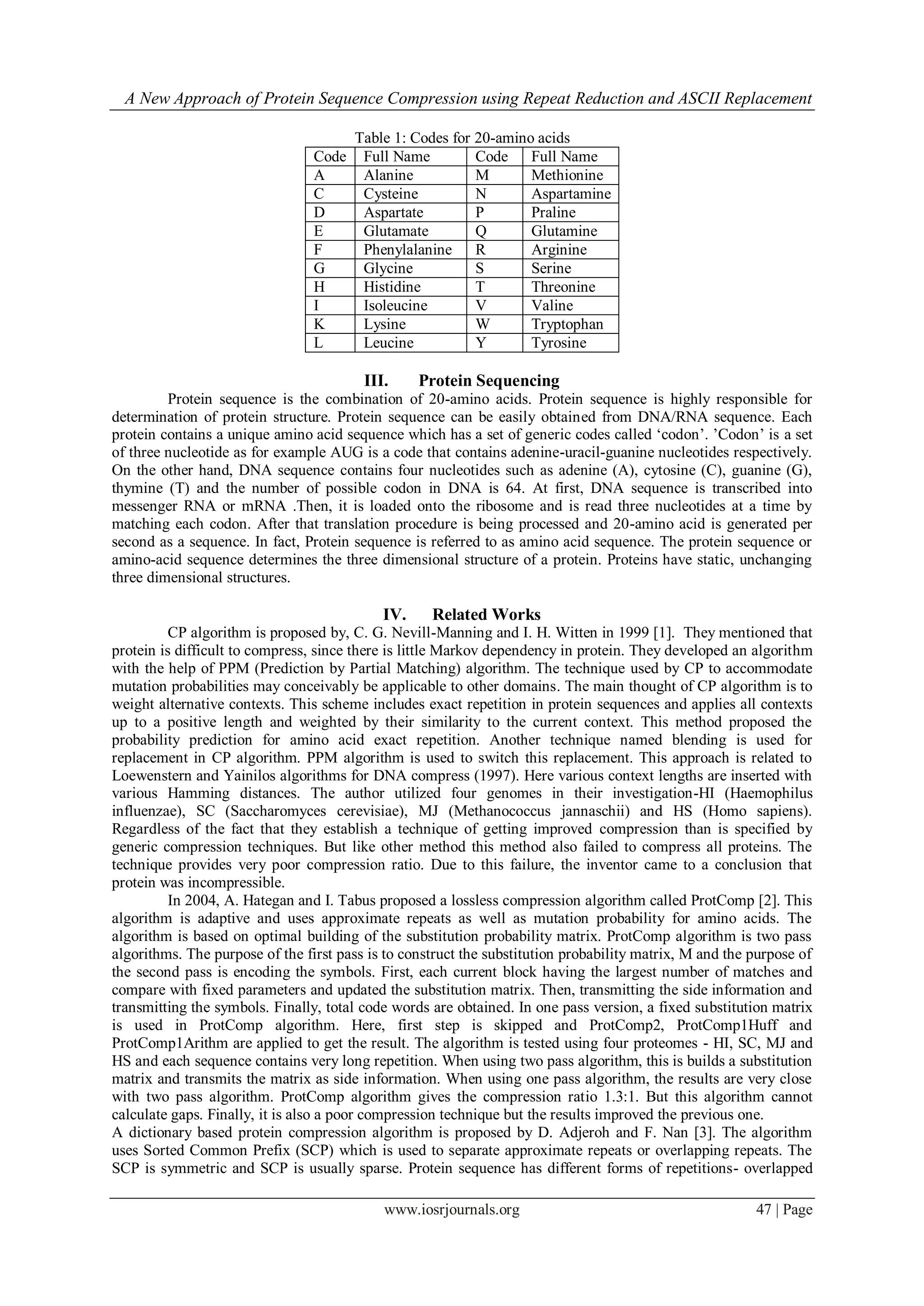 A New Approach of Protein Sequence Compression using Repeat Reduction and ASCII Replacement | PDF