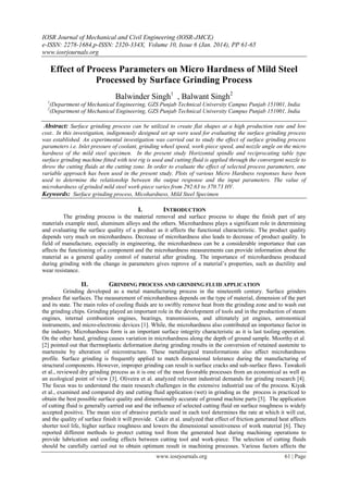 Effect of Process Parameters on Micro Hardness of Mild Steel Processed by Surface Grinding ...