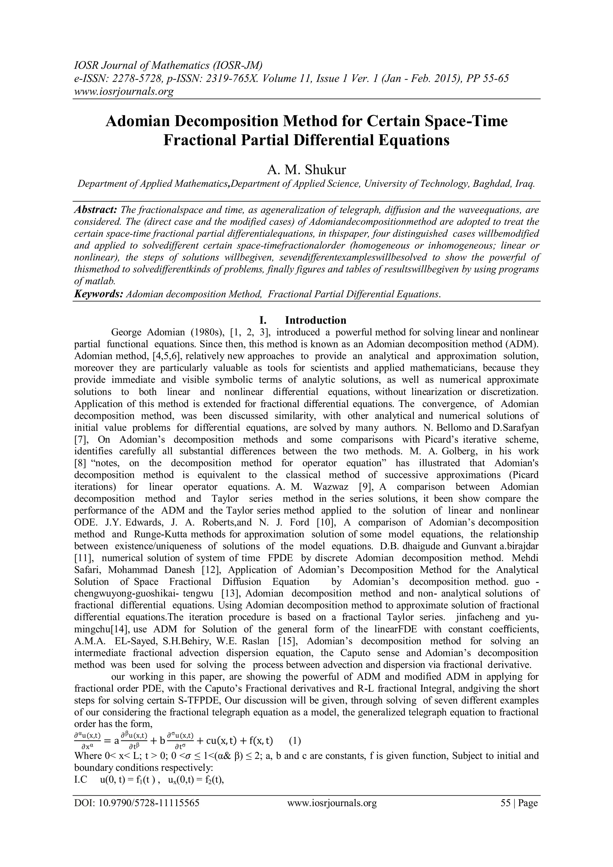 Adomian Decomposition Method For Certain Space Time Fractional Partial