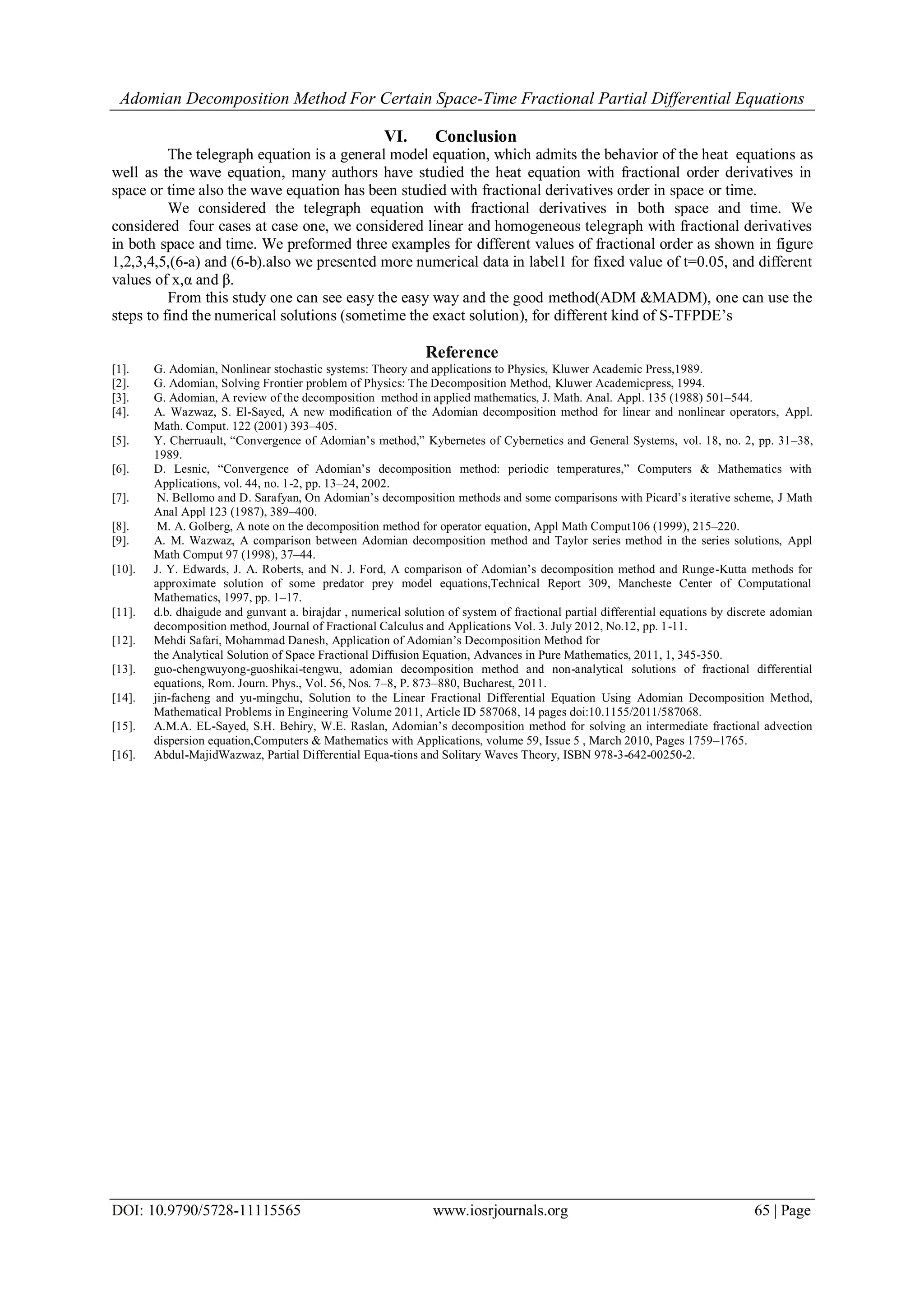 Adomian Decomposition Method for Certain Space-Time Fractional Partial Differential Equations | PDF