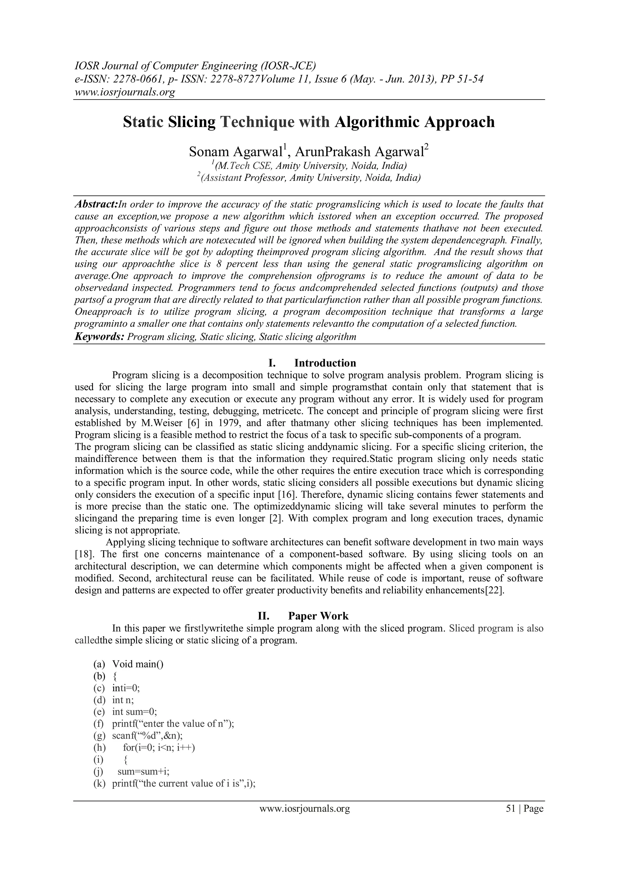Static Slicing Technique with Algorithmic Approach | PDF