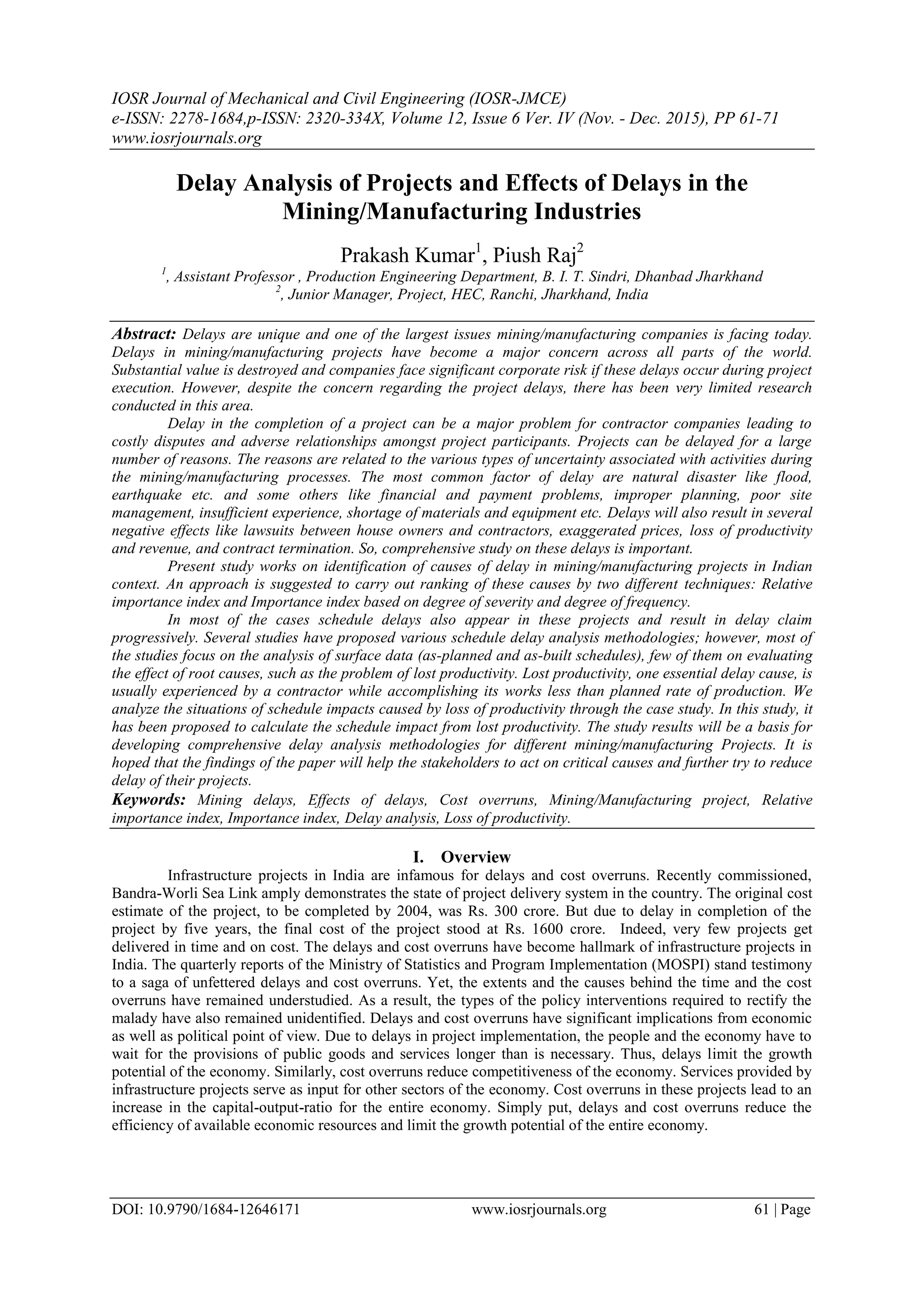 Delay Analysis of Projects and Effects of Delays in the Mining ...