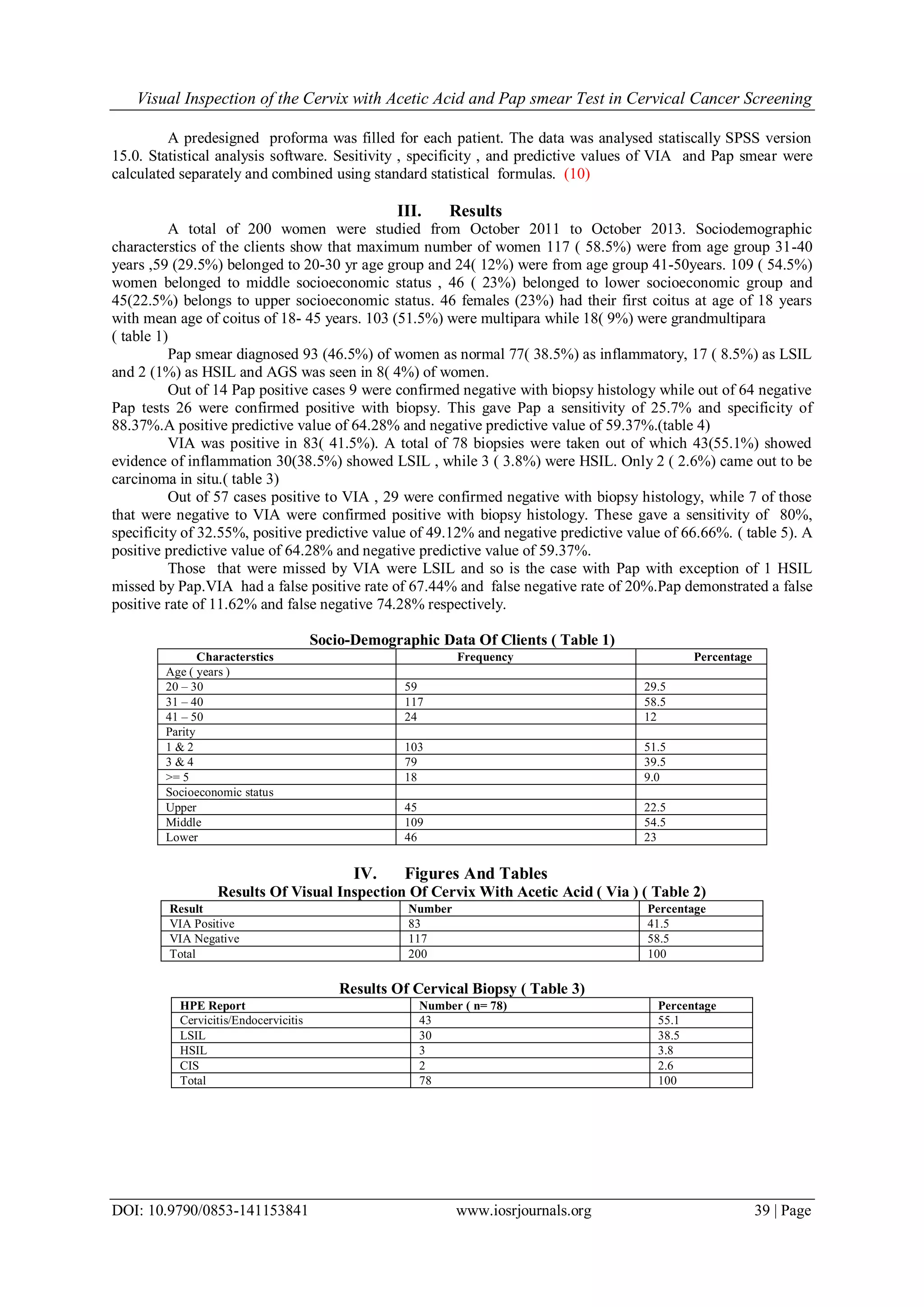 Visual Inspection of the Cervix with Acetic Acid and Pap smear Test in ...
