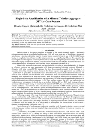 Single-Step Apexification with Mineral Trioxide Aggregate (MTA) –Case ...