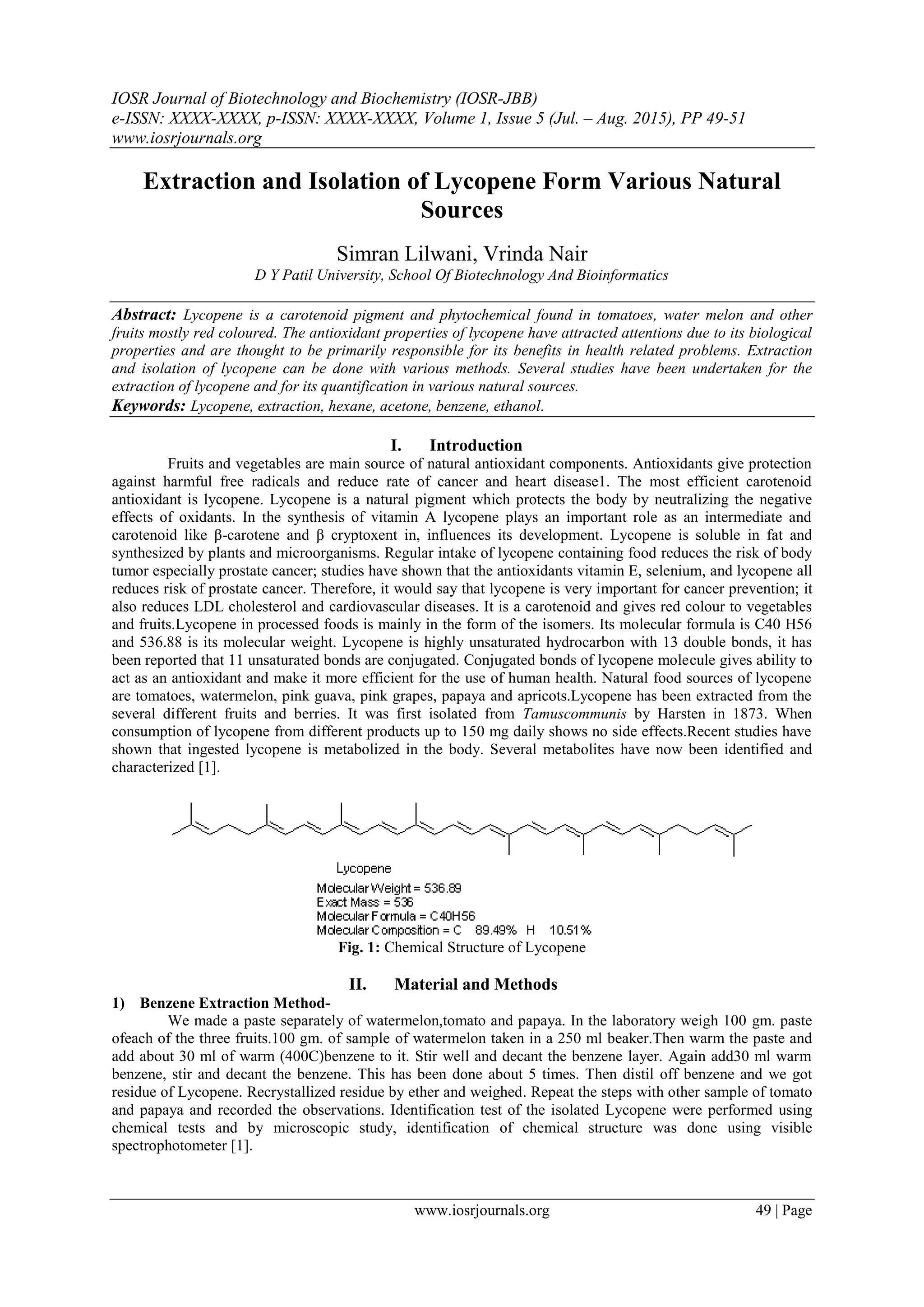 Extraction and Isolation of Lycopene Form Various Natural Sources | PDF