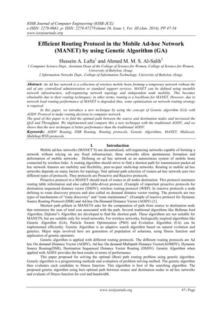 Efficient Routing Protocol in the Mobile Ad-hoc Network (MANET) by using Genetic Algorithm (GA ...
