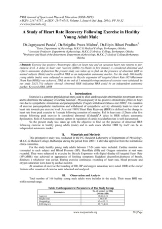 A Study of Heart Rate Recovery Following Exercise in Healthy Young Adult Male | PDF