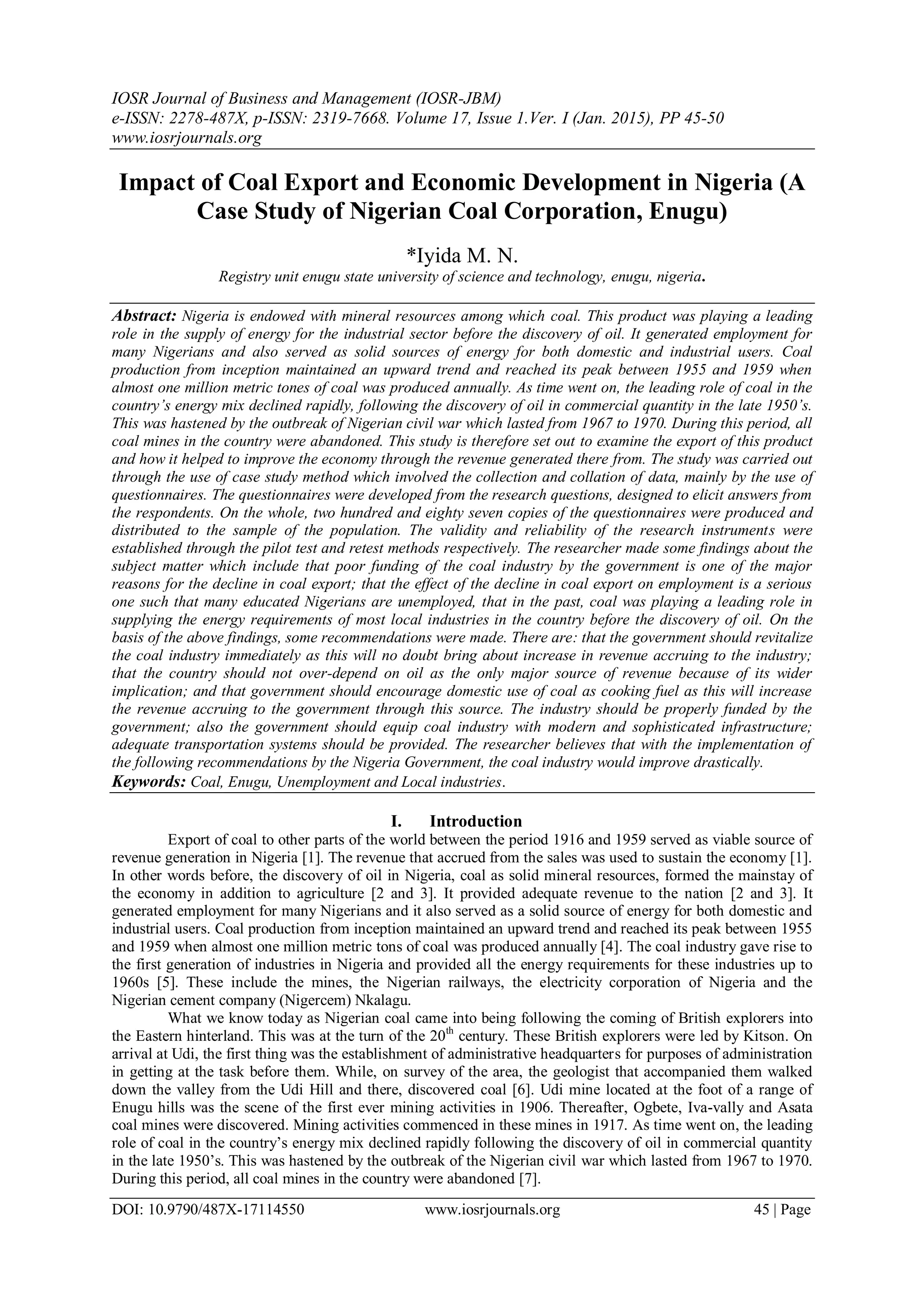 Impact of Coal Export and Economic Development in Nigeria (A Case Study of Nigerian Coal ...