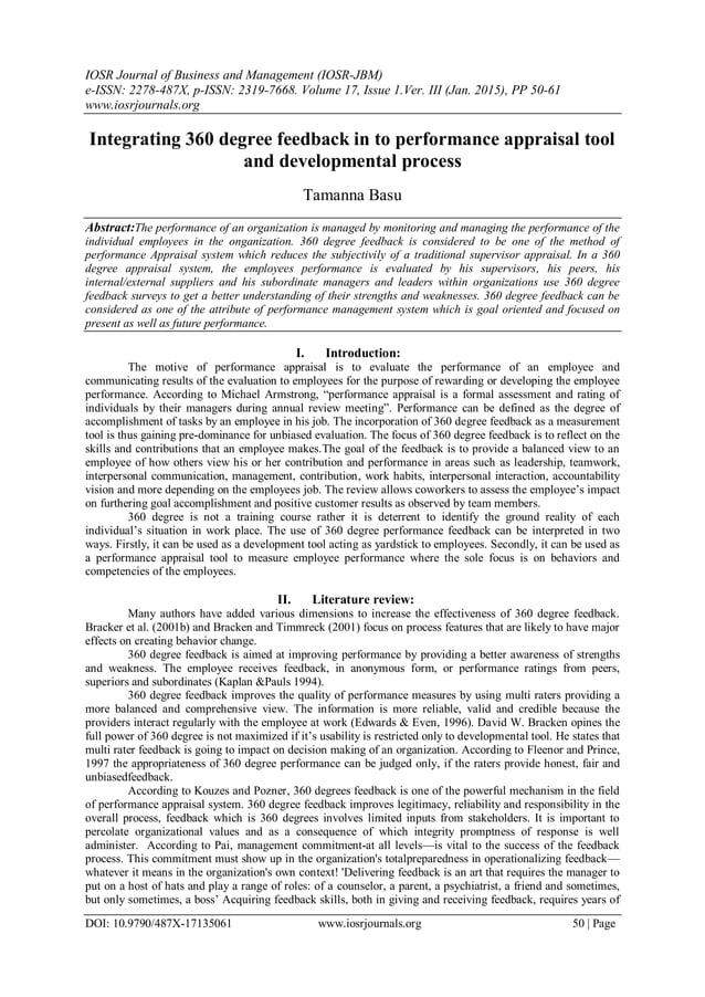 Integrating 360 degree feedback in to performance appraisal tool and developmental process | PDF ...