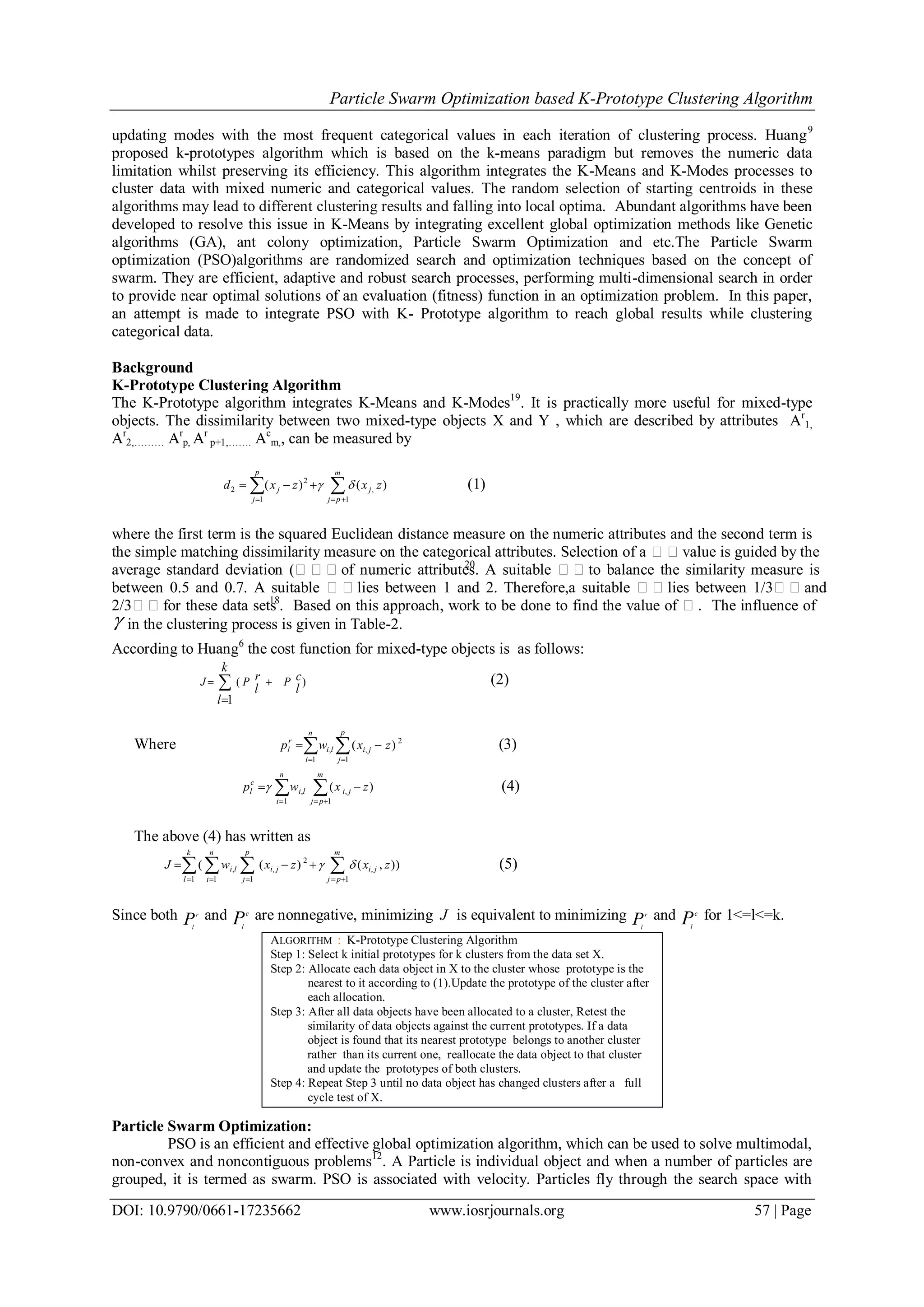 Particle Swarm Optimization Based K Prototype Clustering Algorithm Pdf