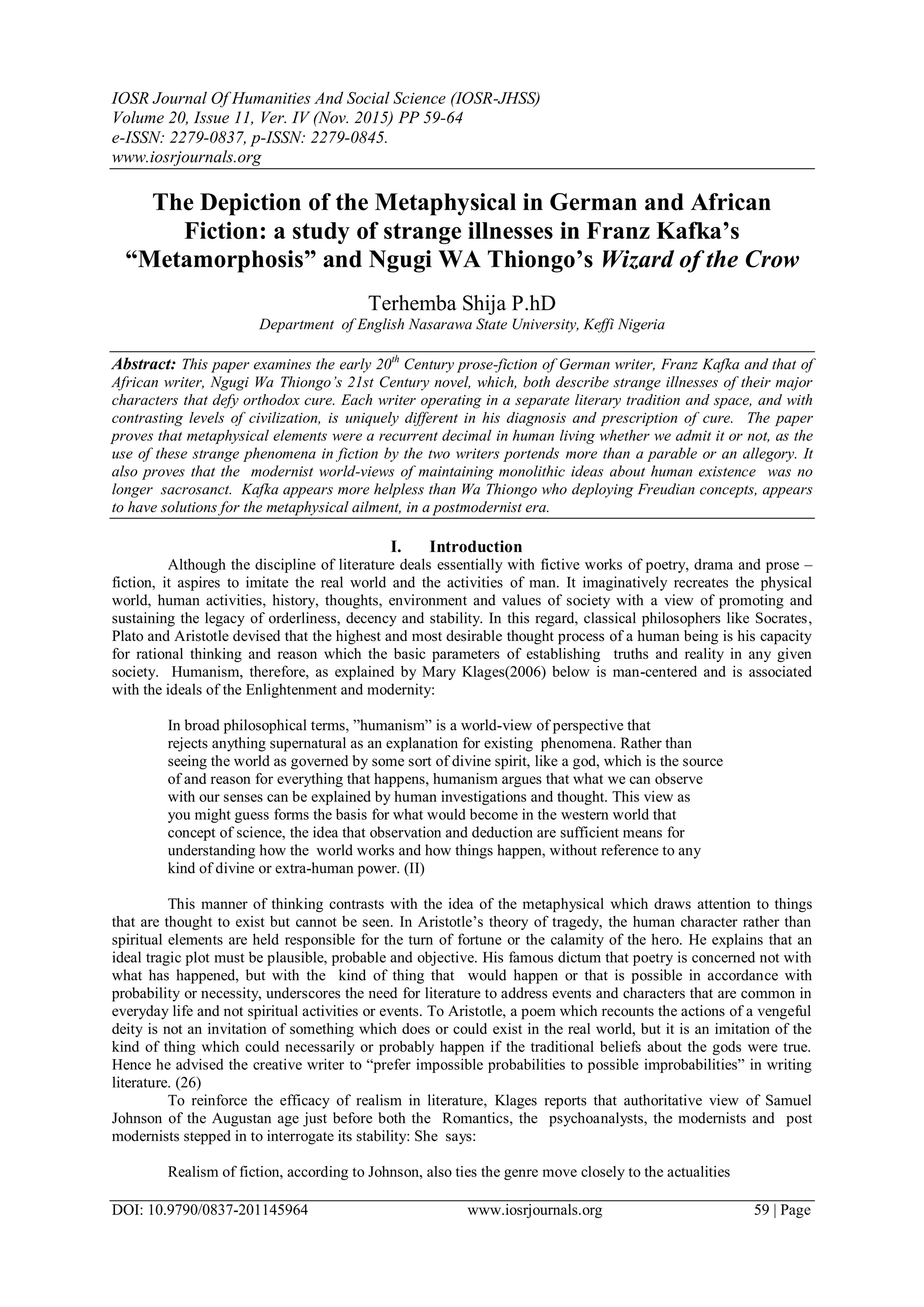 The Depiction of the Metaphysical in German and African Fiction: a ...