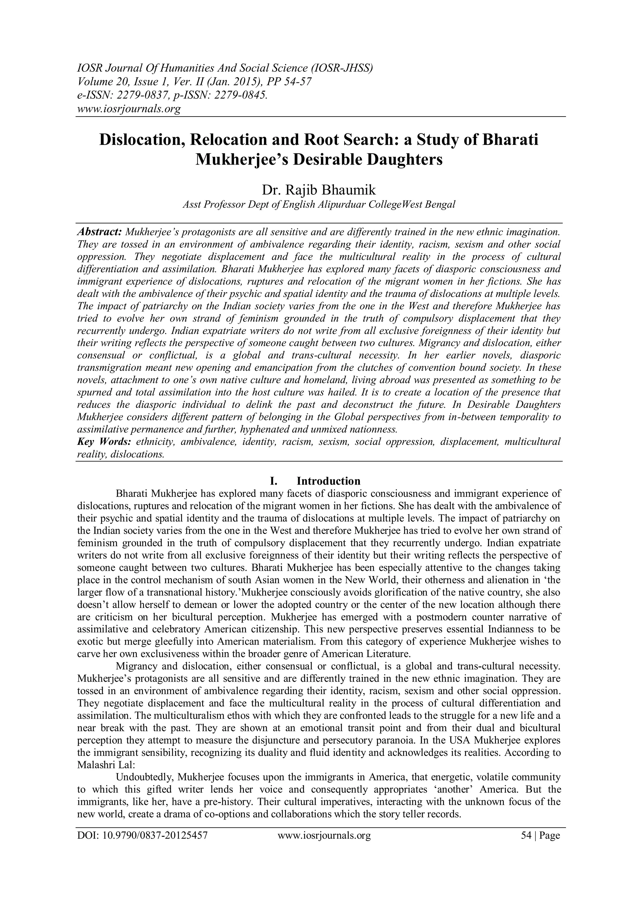 Dislocation, Relocation and Root Search: a Study of Bharati Mukherjee’s ...