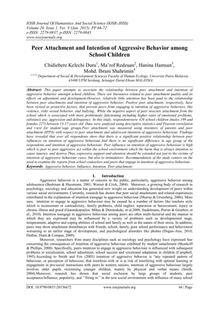 Peer Attachment and Intention of Aggressive Behavior among School ...