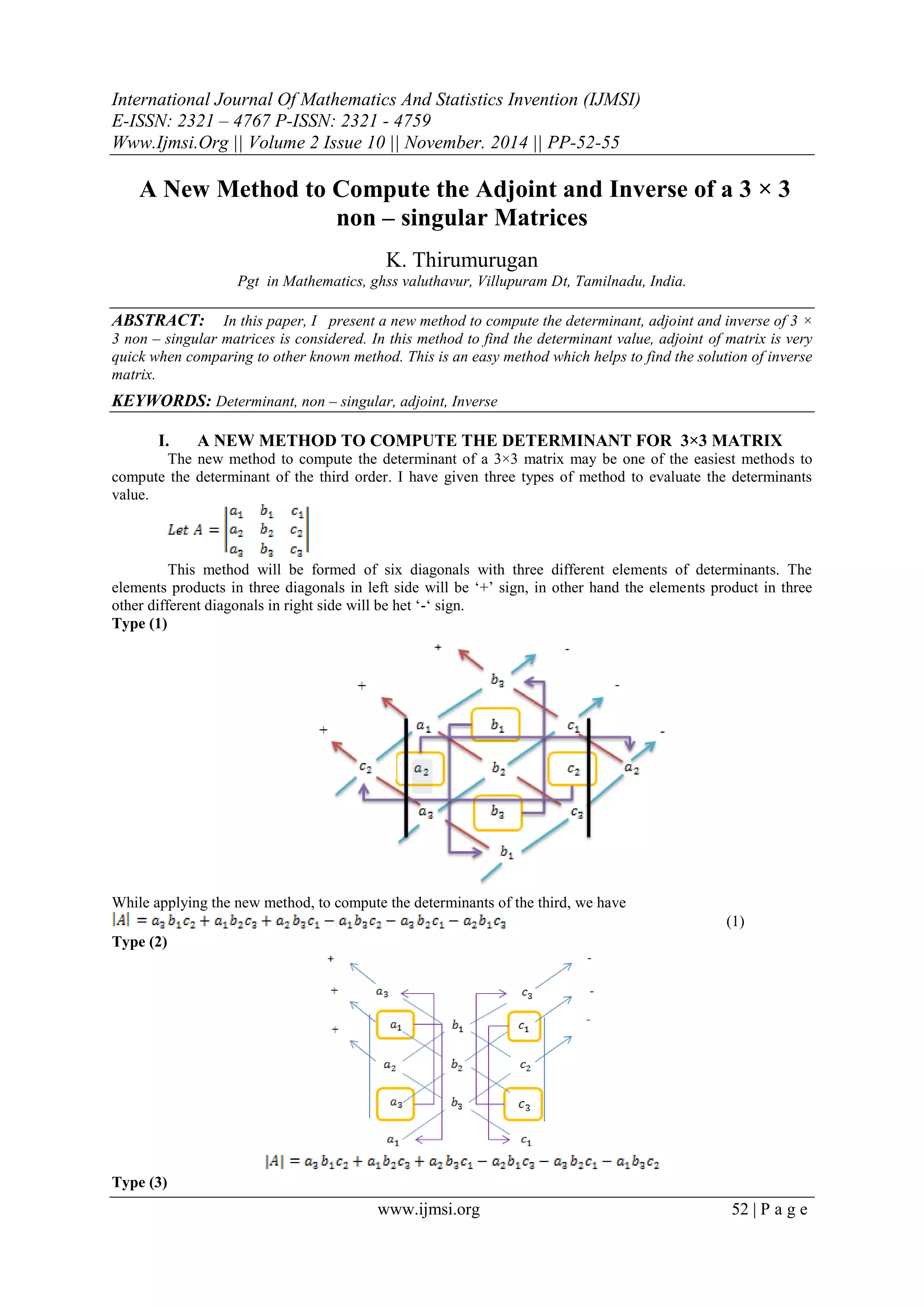 A New Method to Compute the Adjoint and Inverse of a 3 × 3 non – singular Matrices | PDF ...