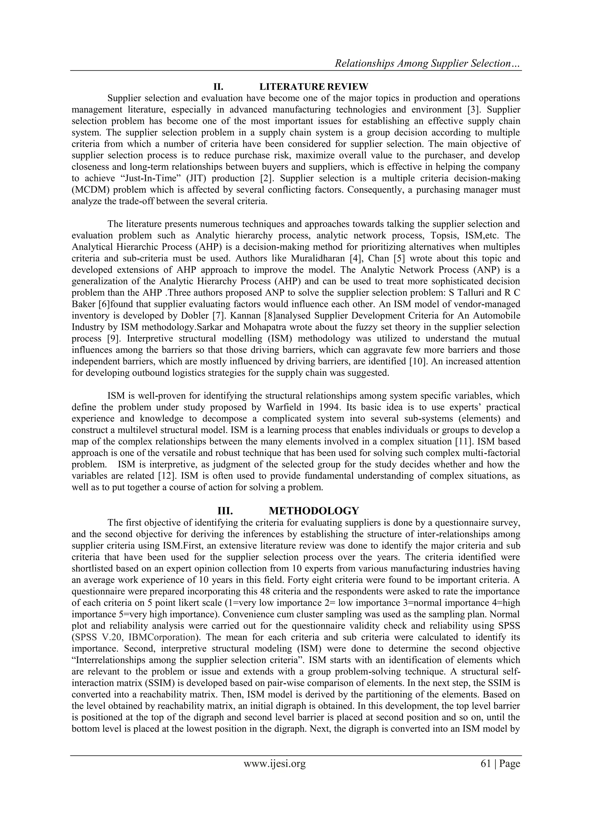 Relationships among Supplier Selection Criteria using Interpretive Structural Modeling for ...
