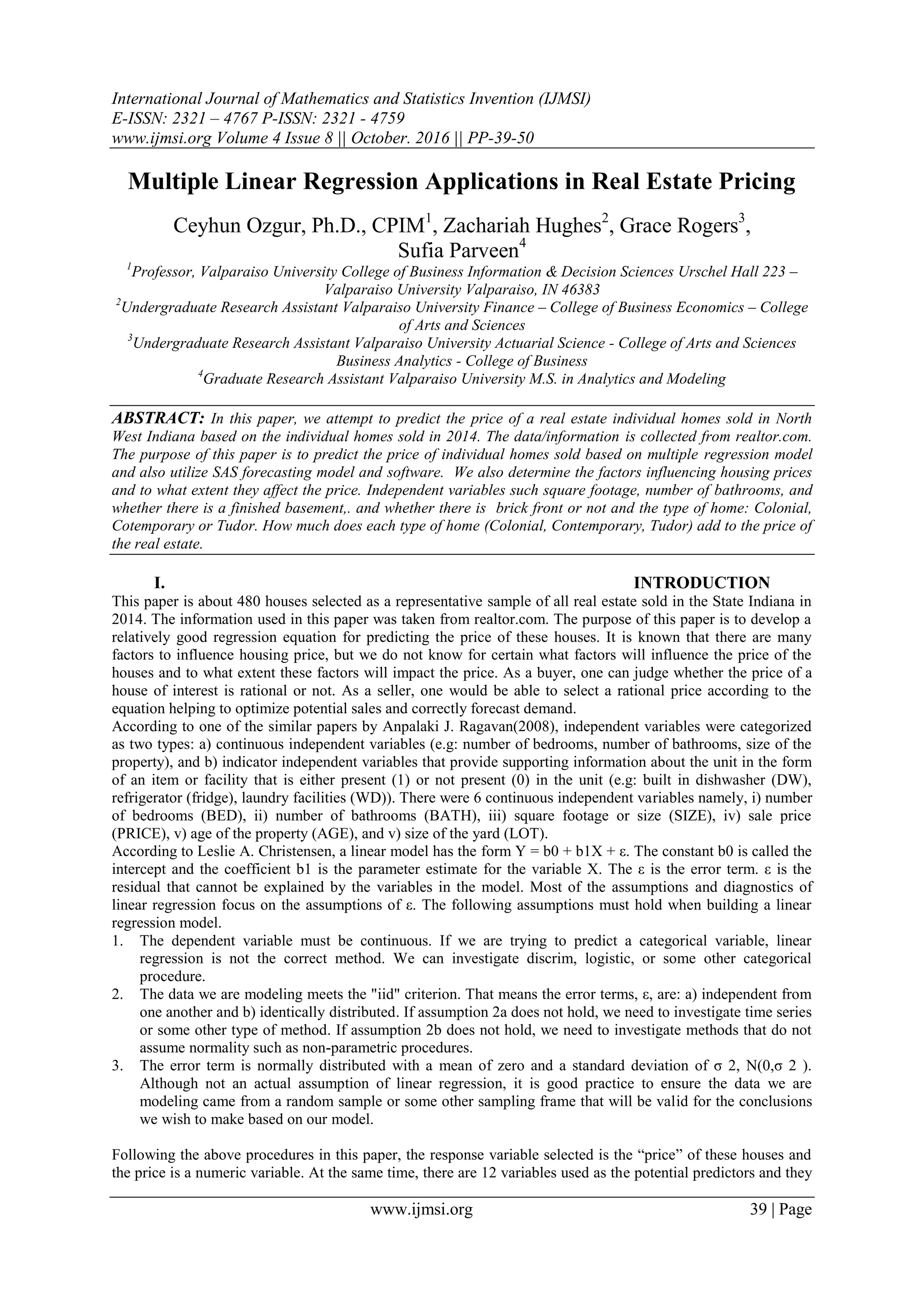 Multiple Linear Regression Applications In Real Estate Pricing Pdf 