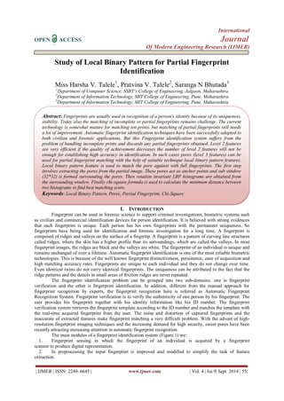 Study of Local Binary Pattern for Partial Fingerprint Identification | PDF