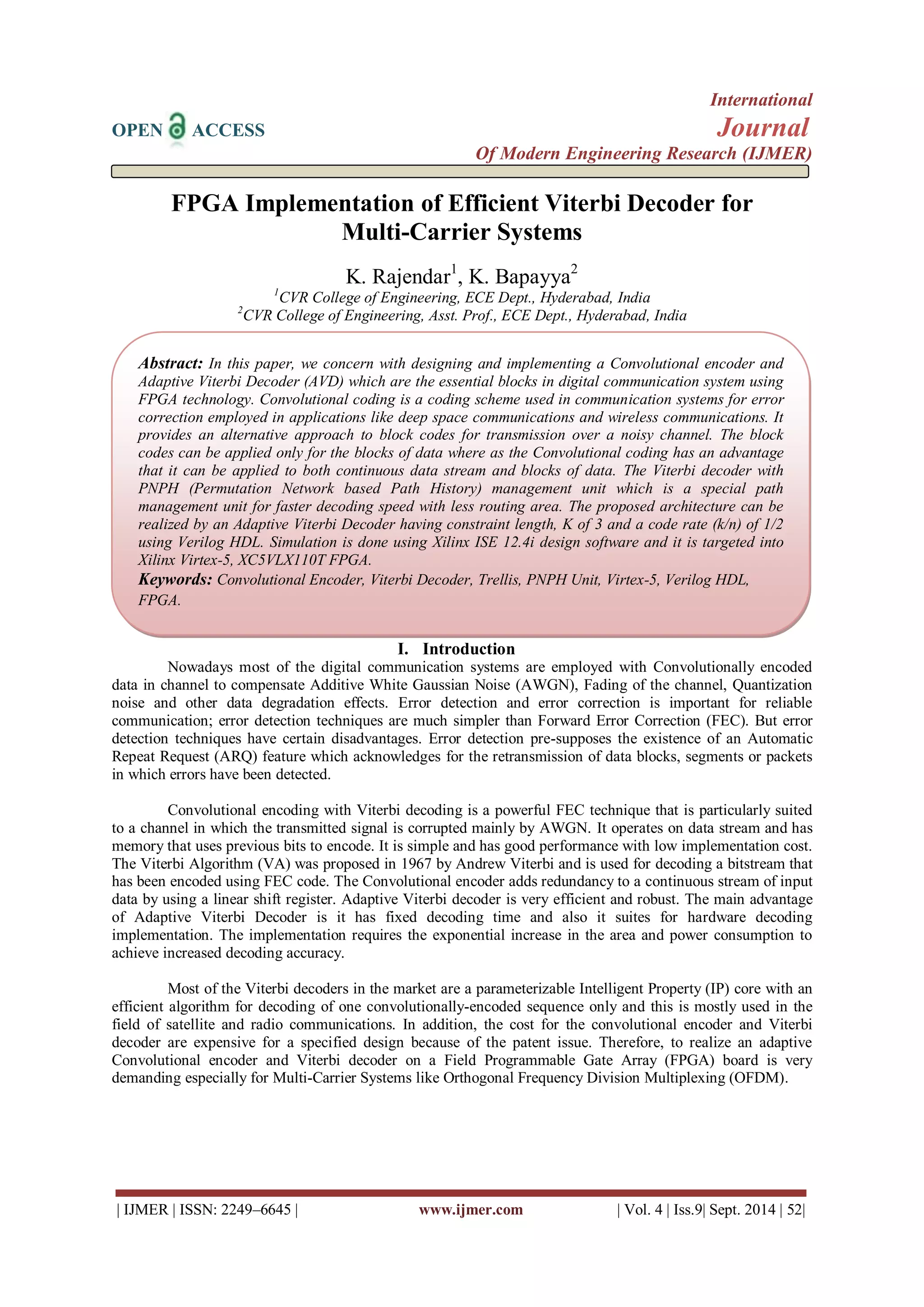 FPGA Implementation of Efficient Viterbi Decoder for Multi-Carrier Systems | PDF