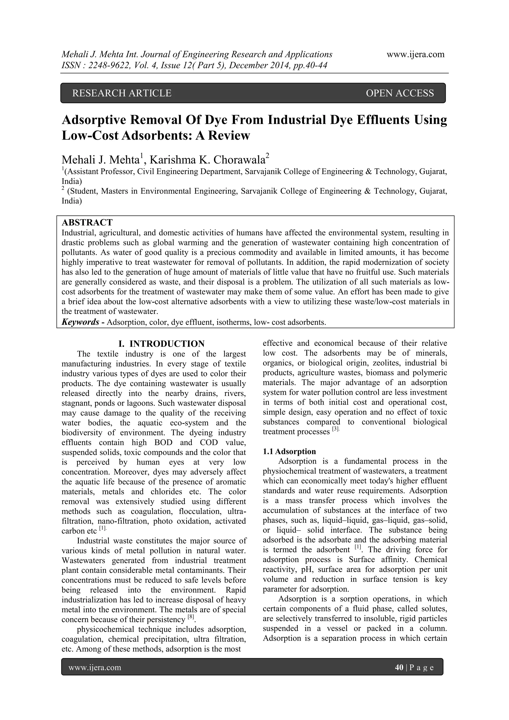 Adsorptive Removal Of Dye From Industrial Dye Effluents Using Low-Cost ...