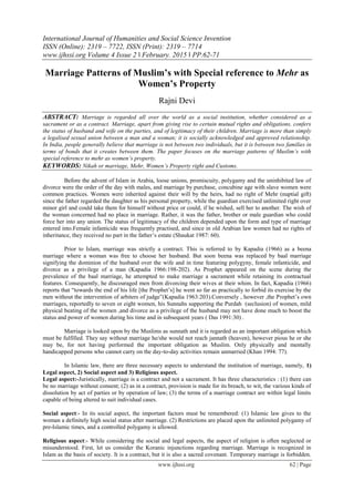 Marriage Patterns of Muslim’s with Special reference to Mehr as Women’s ...