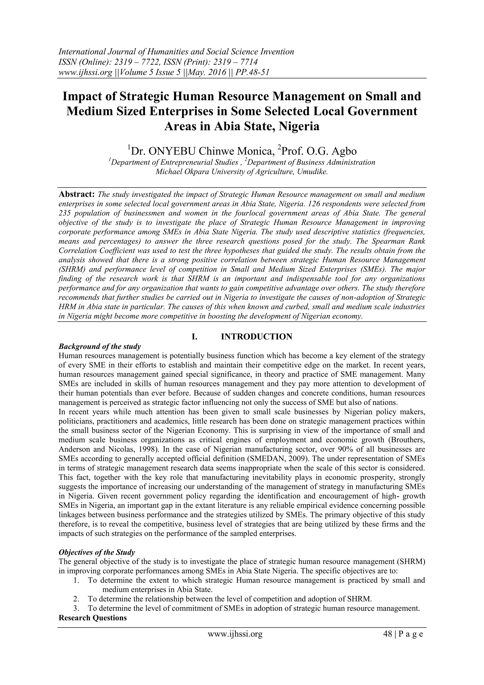 Impact of Strategic Human Resource Management on Small and Medium Sized Enterprises in Some ...