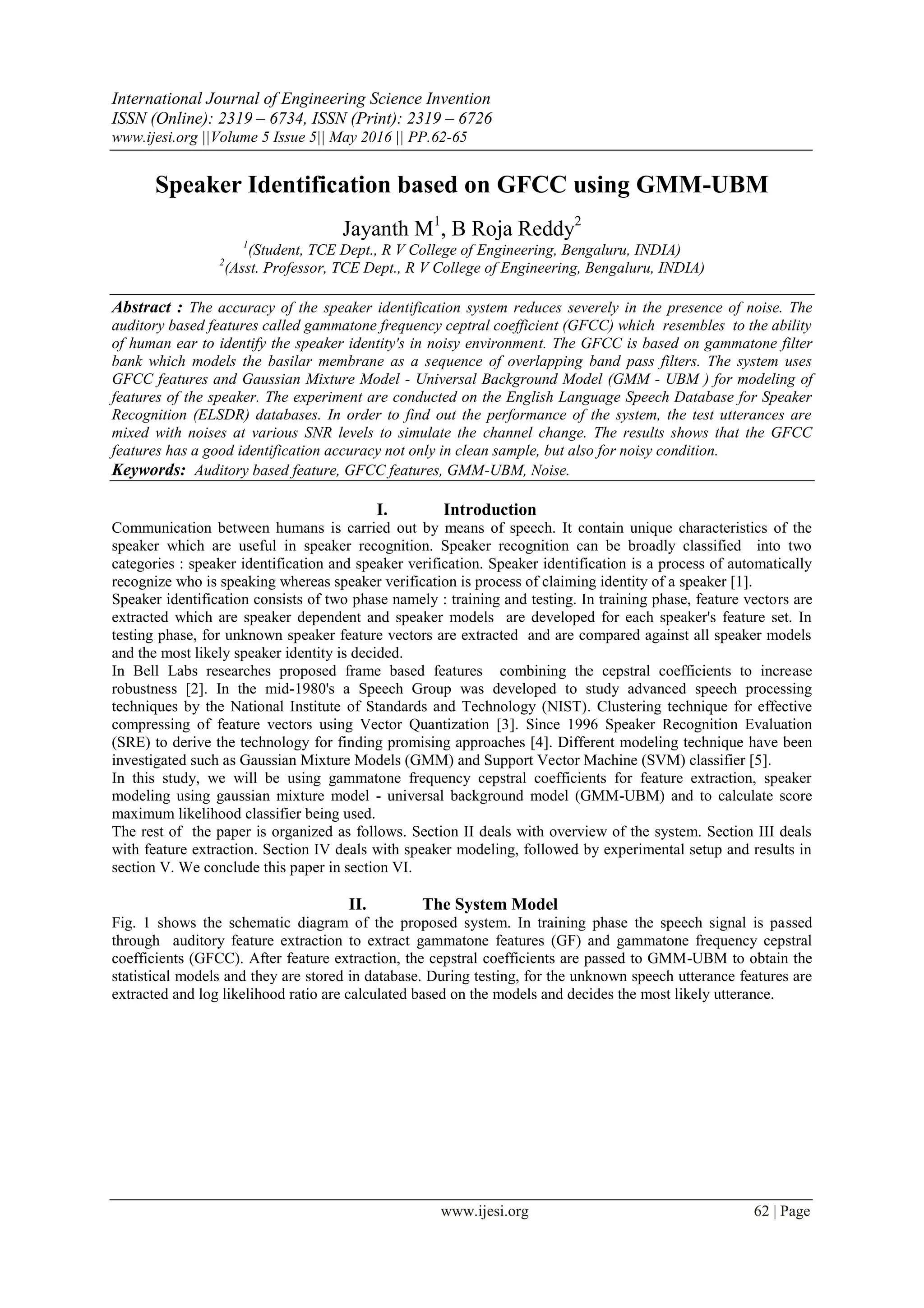 Speaker Identification Based On Gfcc Using Gmm Ubm Pdf