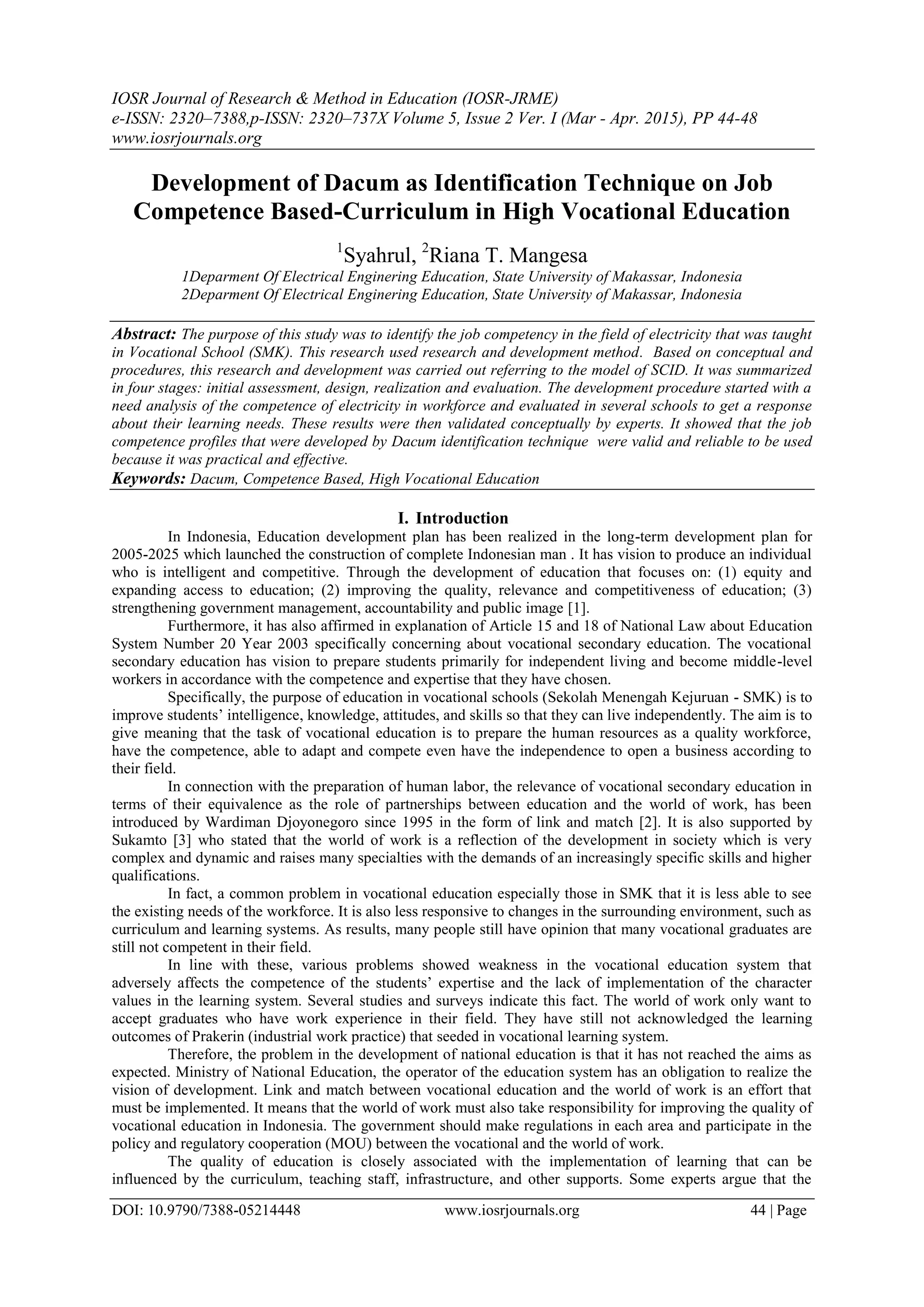 Development of Dacum as Identification Technique on Job Competence Based-Curriculum in High ...