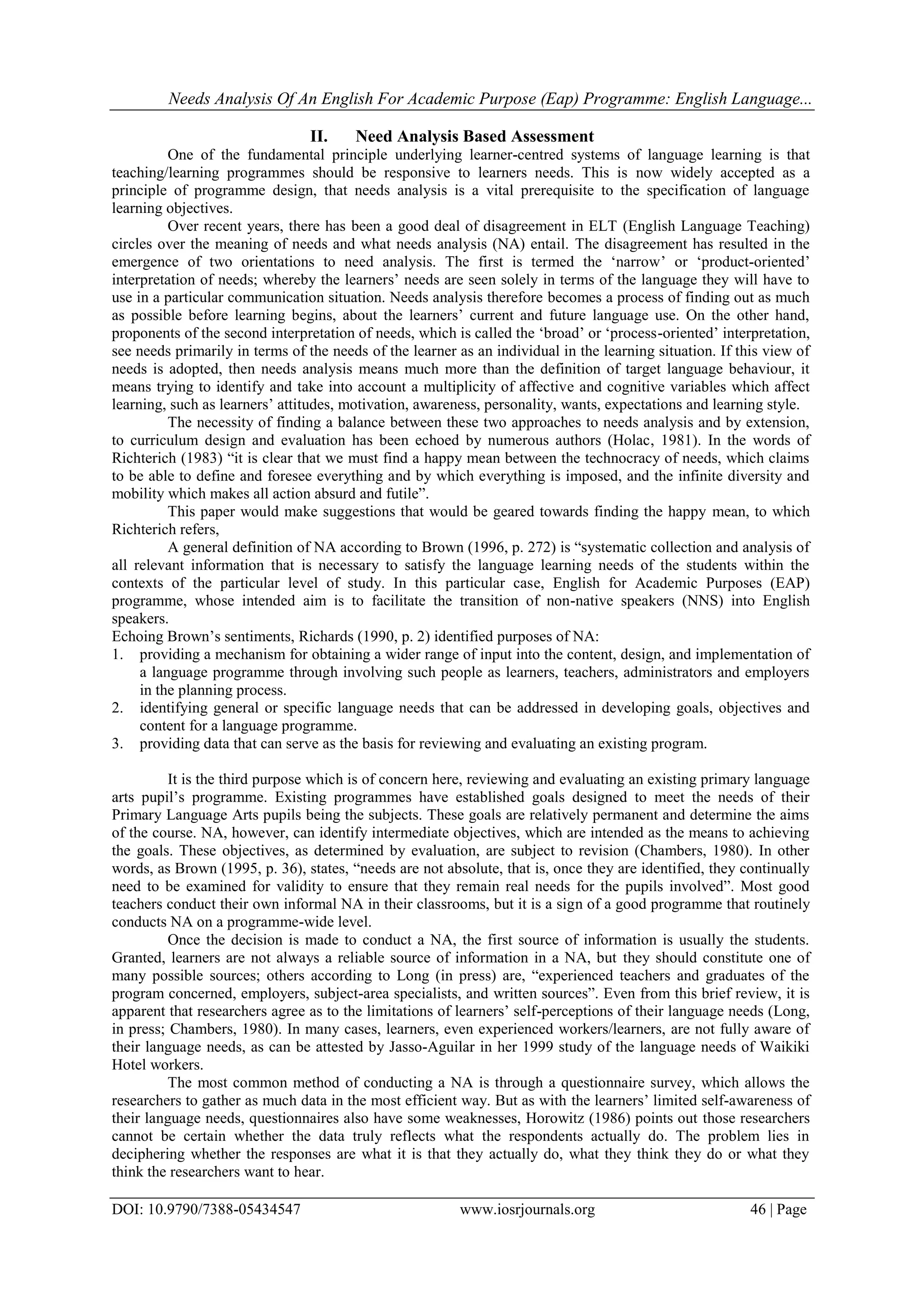 Needs Analysis of an English for Academic Purpose (Eap) Programme ...