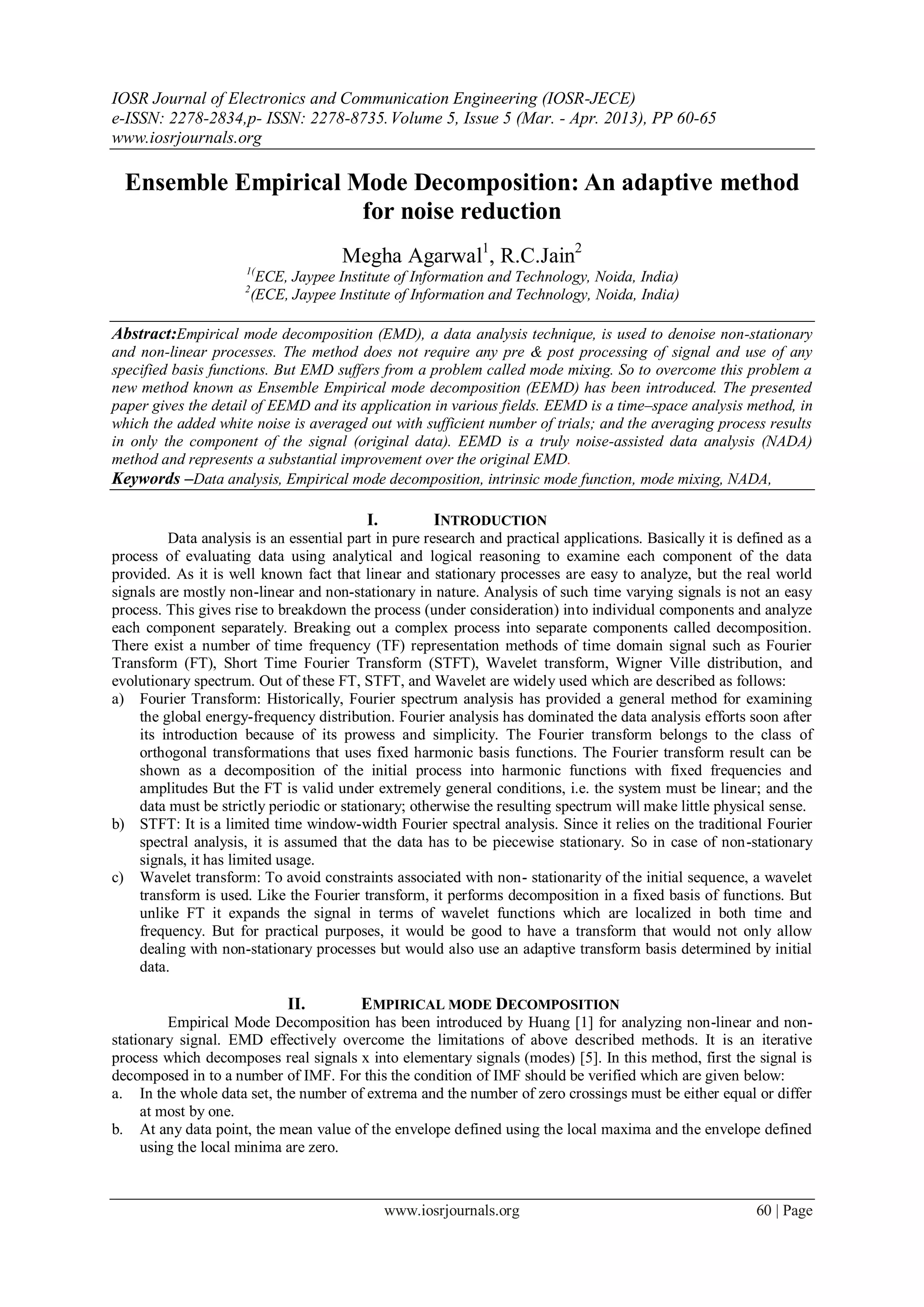 Ensemble Empirical Mode Decomposition: An adaptive method for noise reduction | PDF