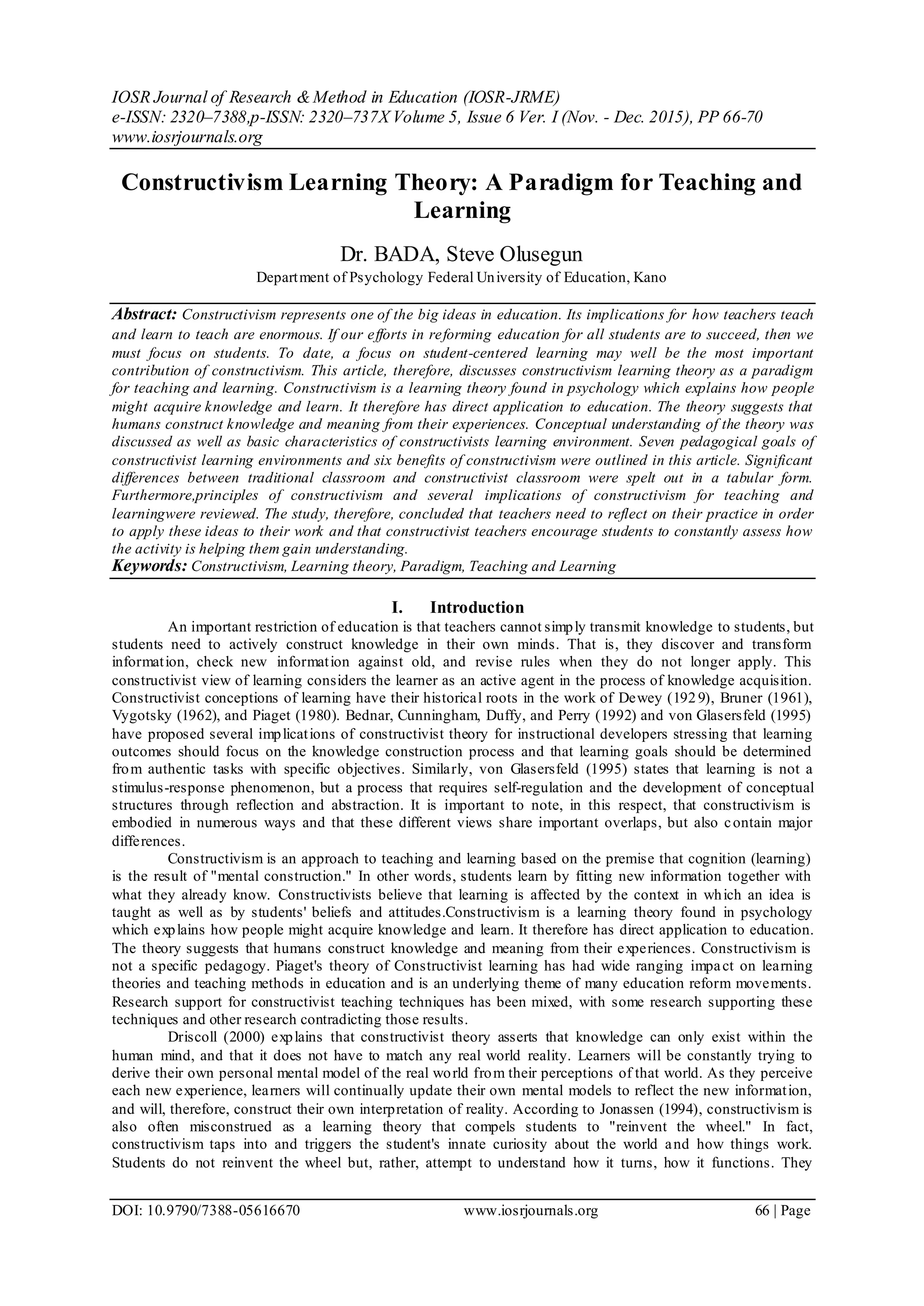 Constructivism Learning Theory: A Paradigm for Teaching and Learning | PDF