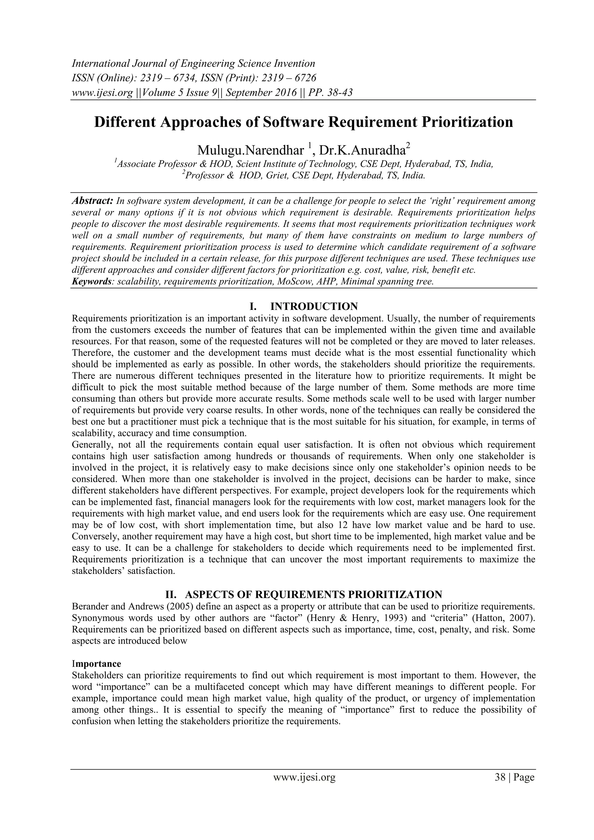 Different Approaches of Software Requirement Prioritization | PDF