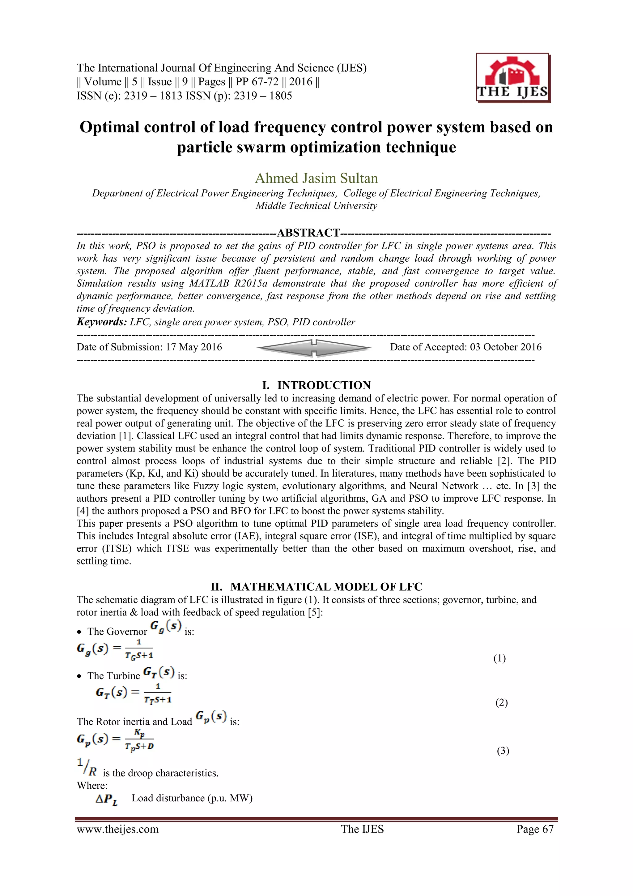 Optimal control of load frequency control power system based on particle swarm optimization ...