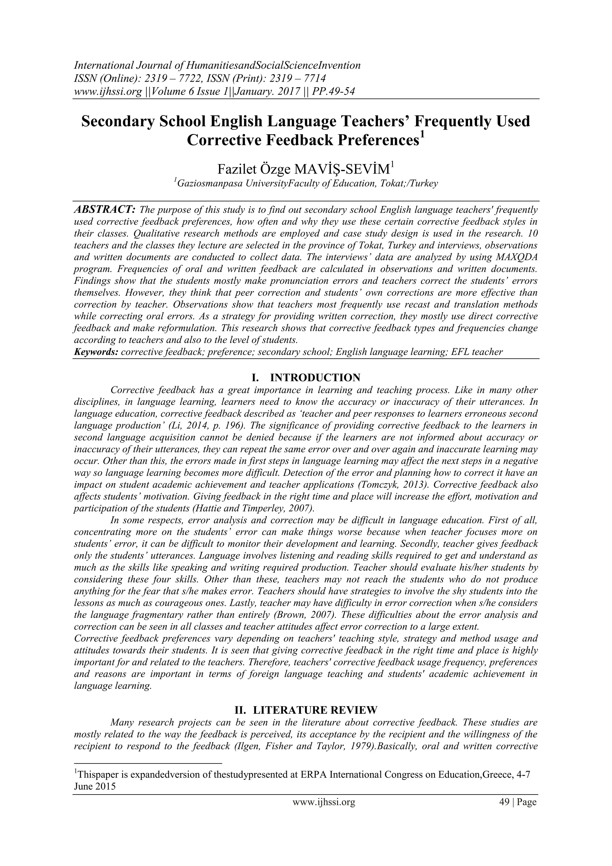 Secondary School English Language Teachers’ Frequently Used Corrective ...