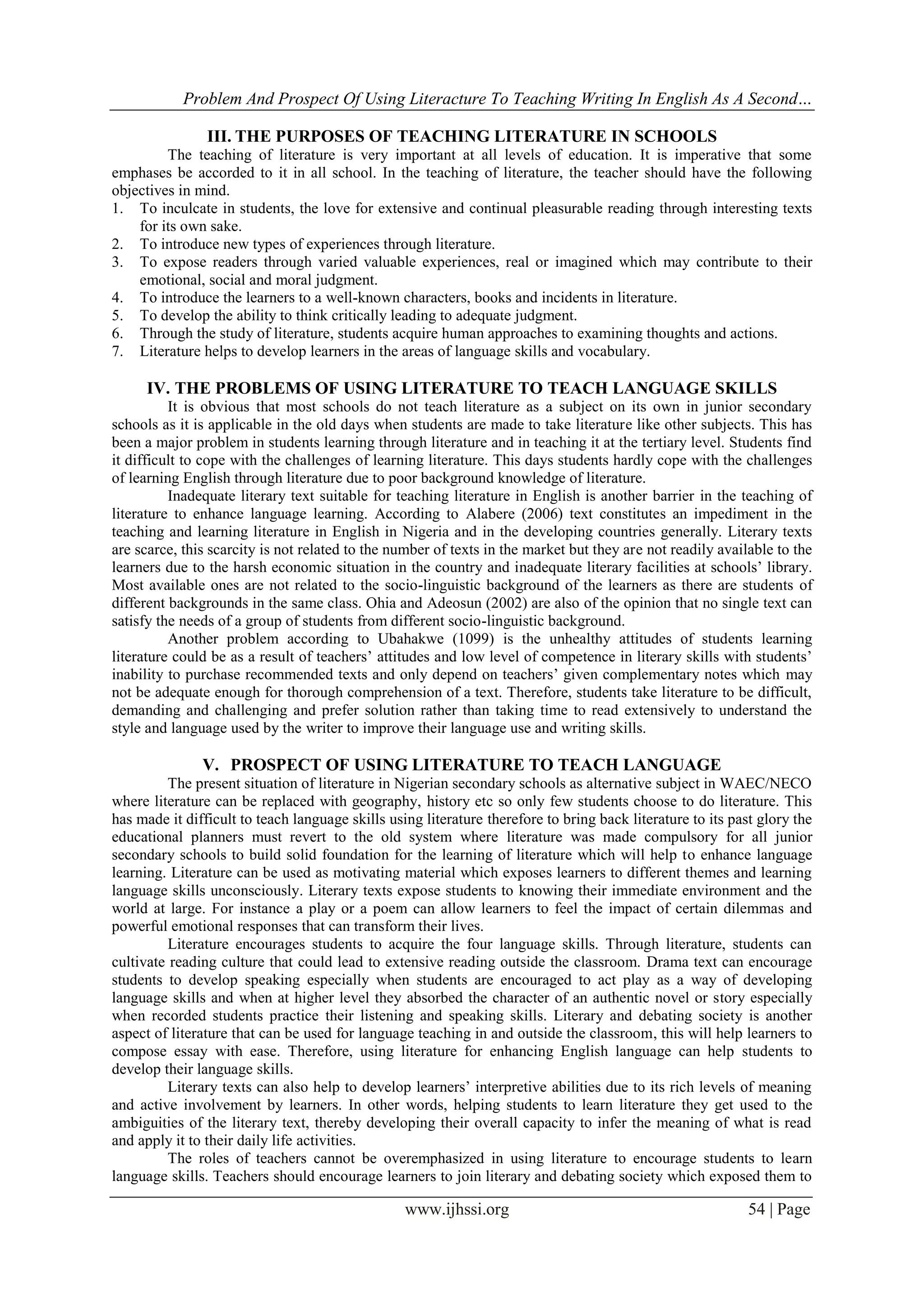 Problem and Prospect of Using Literature to Teach Writing in English as a Second Language | PDF