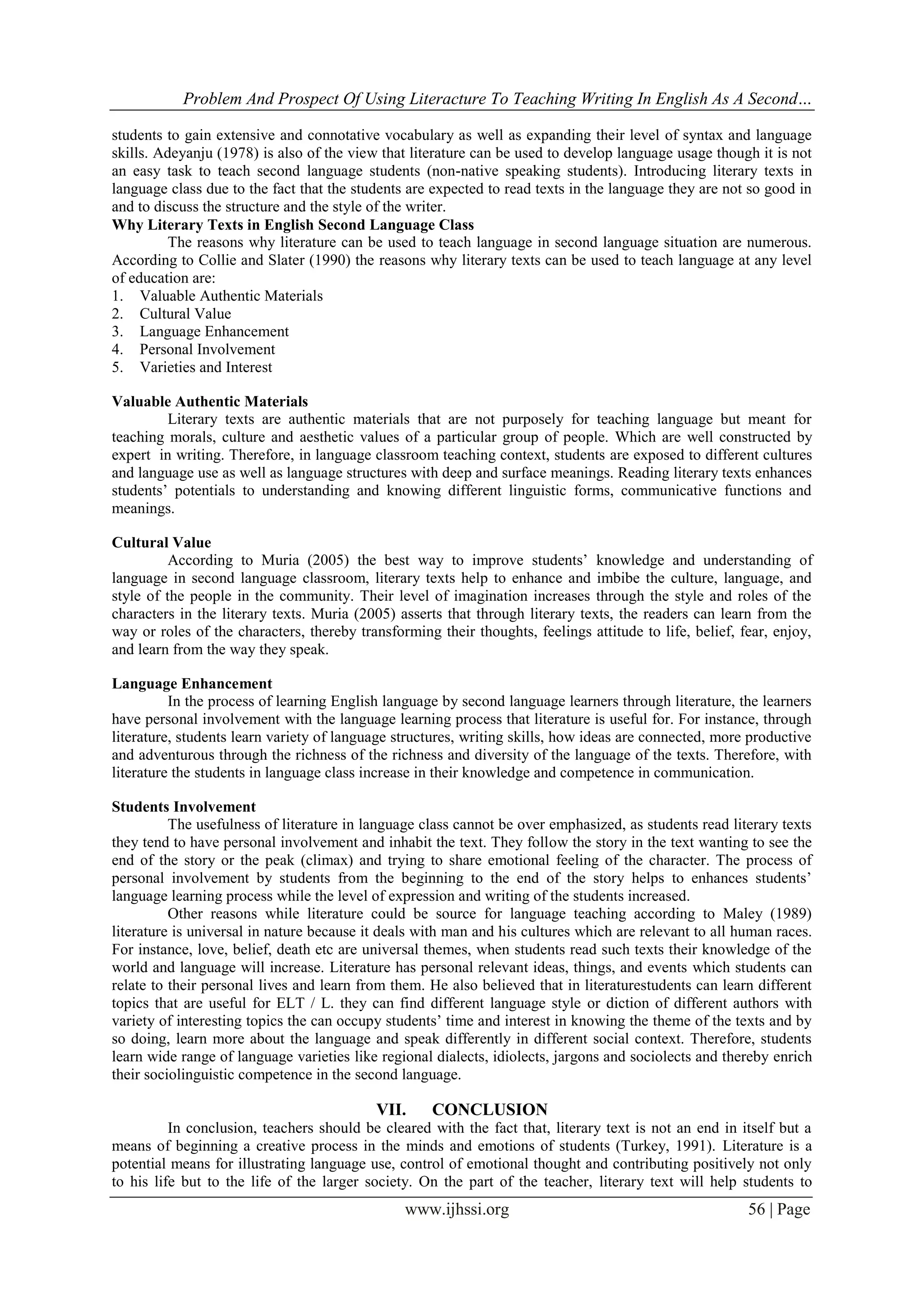 Problem and Prospect of Using Literature to Teach Writing in English as a Second Language | PDF