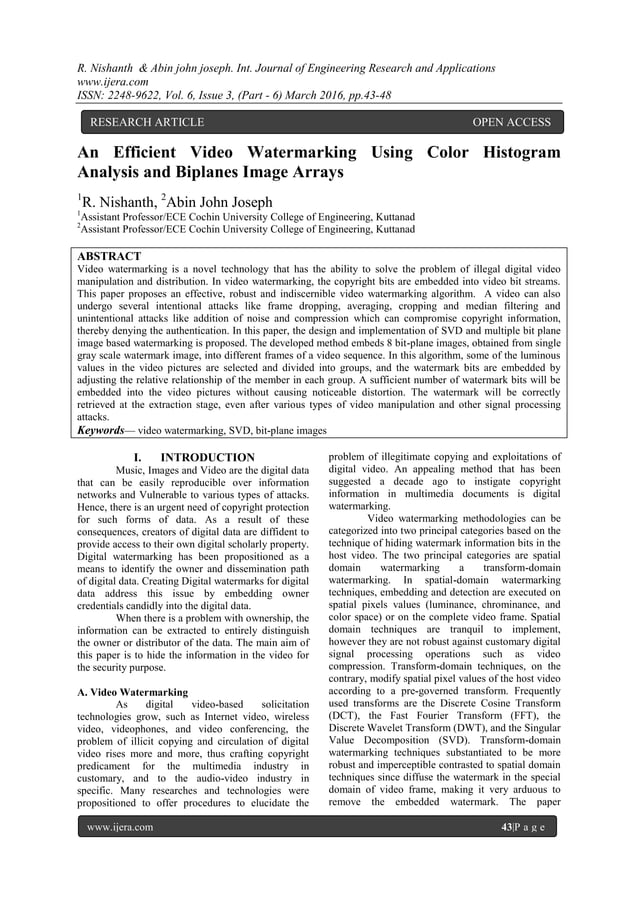 An Efficient Video Watermarking Using Color Histogram Analysis and Biplanes Image Arrays | PDF ...