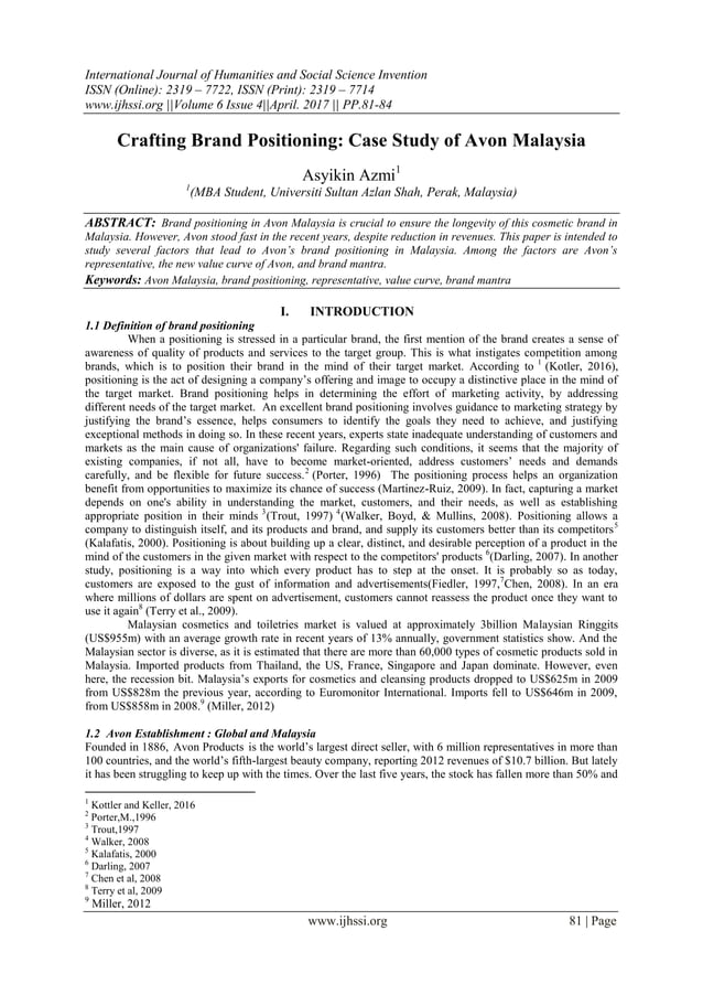 Crafting Brand Positioning: Case Study of Avon Malaysia | PDF