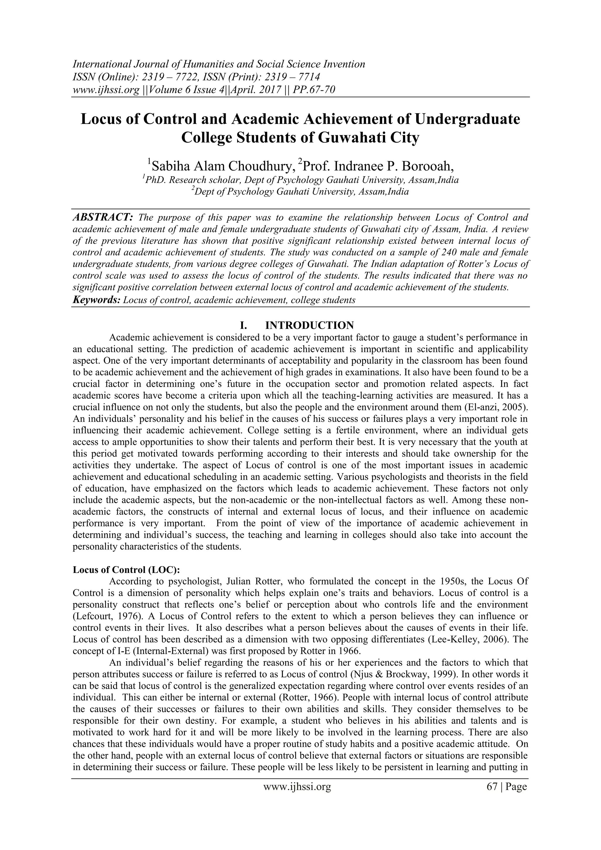 Locus of Control and Academic Achievement of Undergraduate College ...