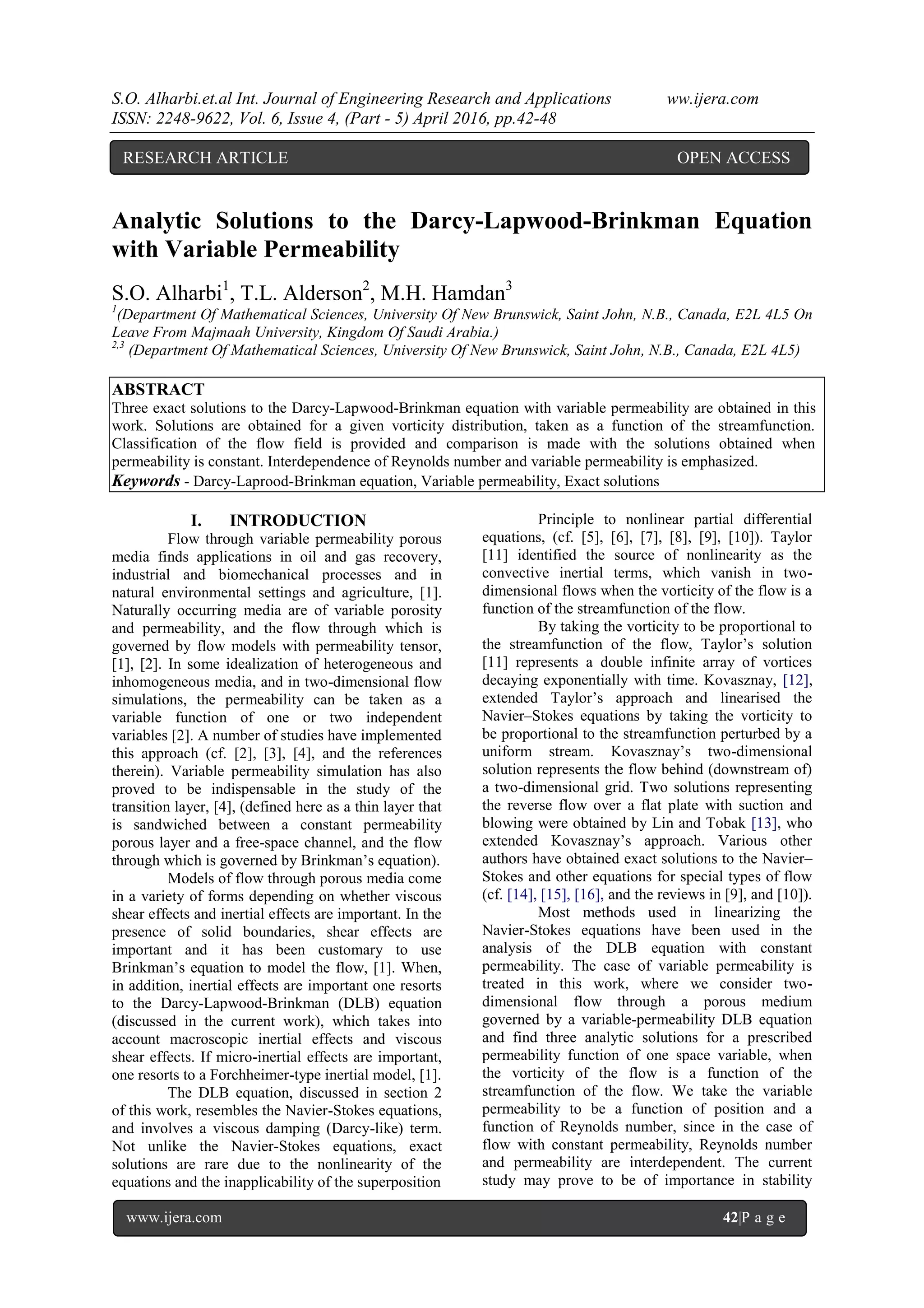 Analytic Solutions to the Darcy-Lapwood-Brinkman Equation with Variable Permeability | PDF