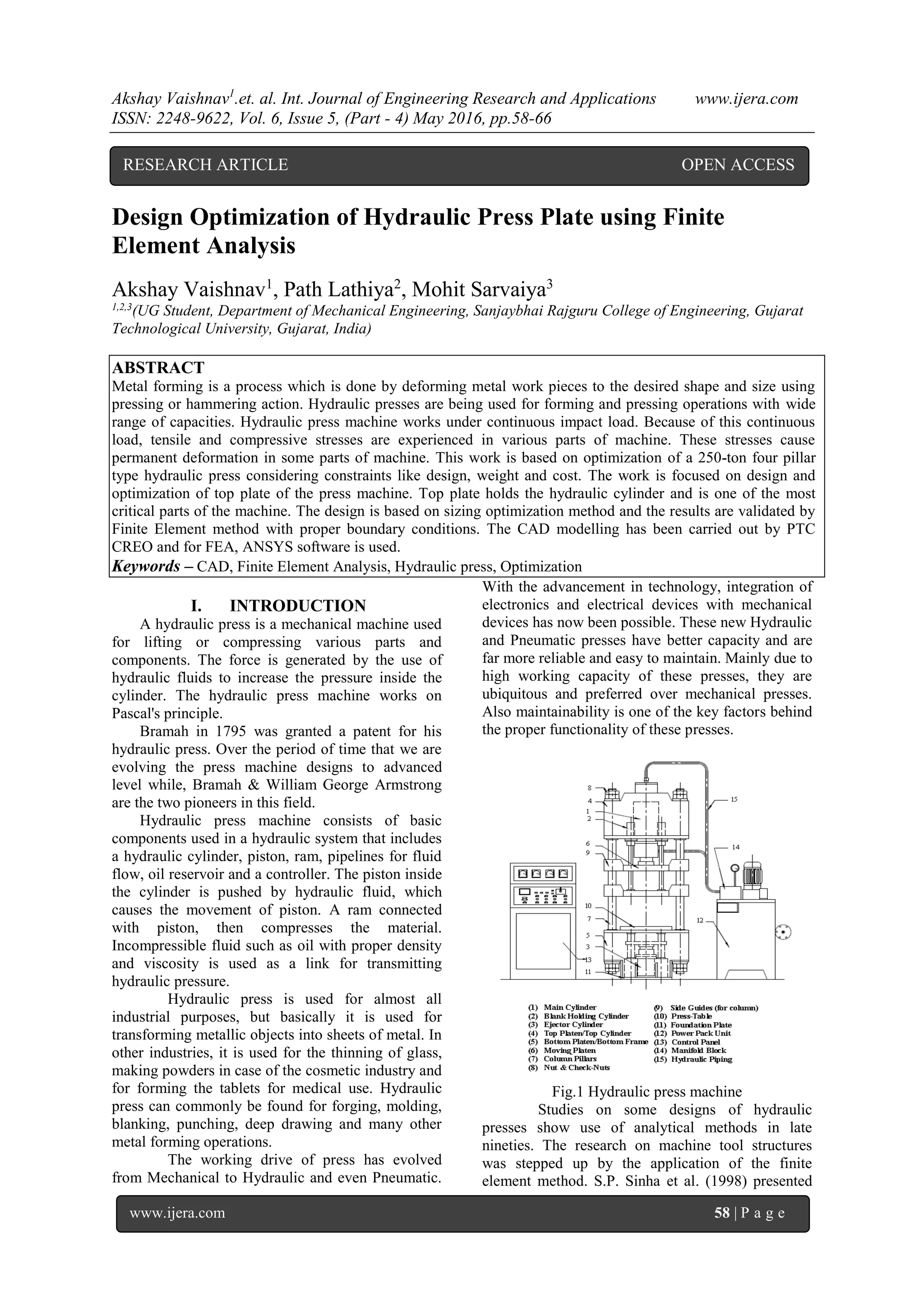 Design Optimization of Hydraulic Press Plate using Finite Element Analysis | PDF