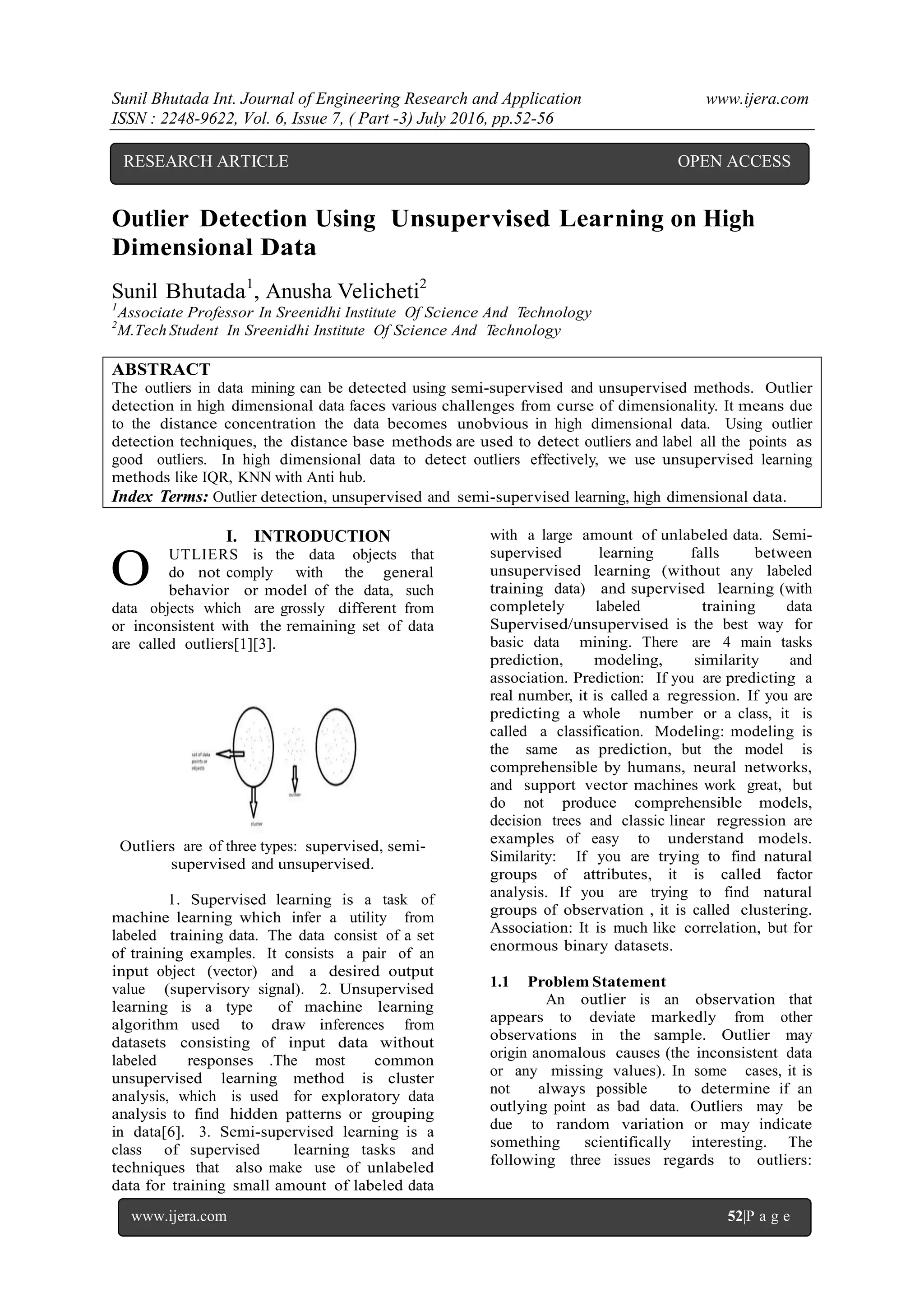 Outlier Detection Using Unsupervised Learning On High Dimensional Data