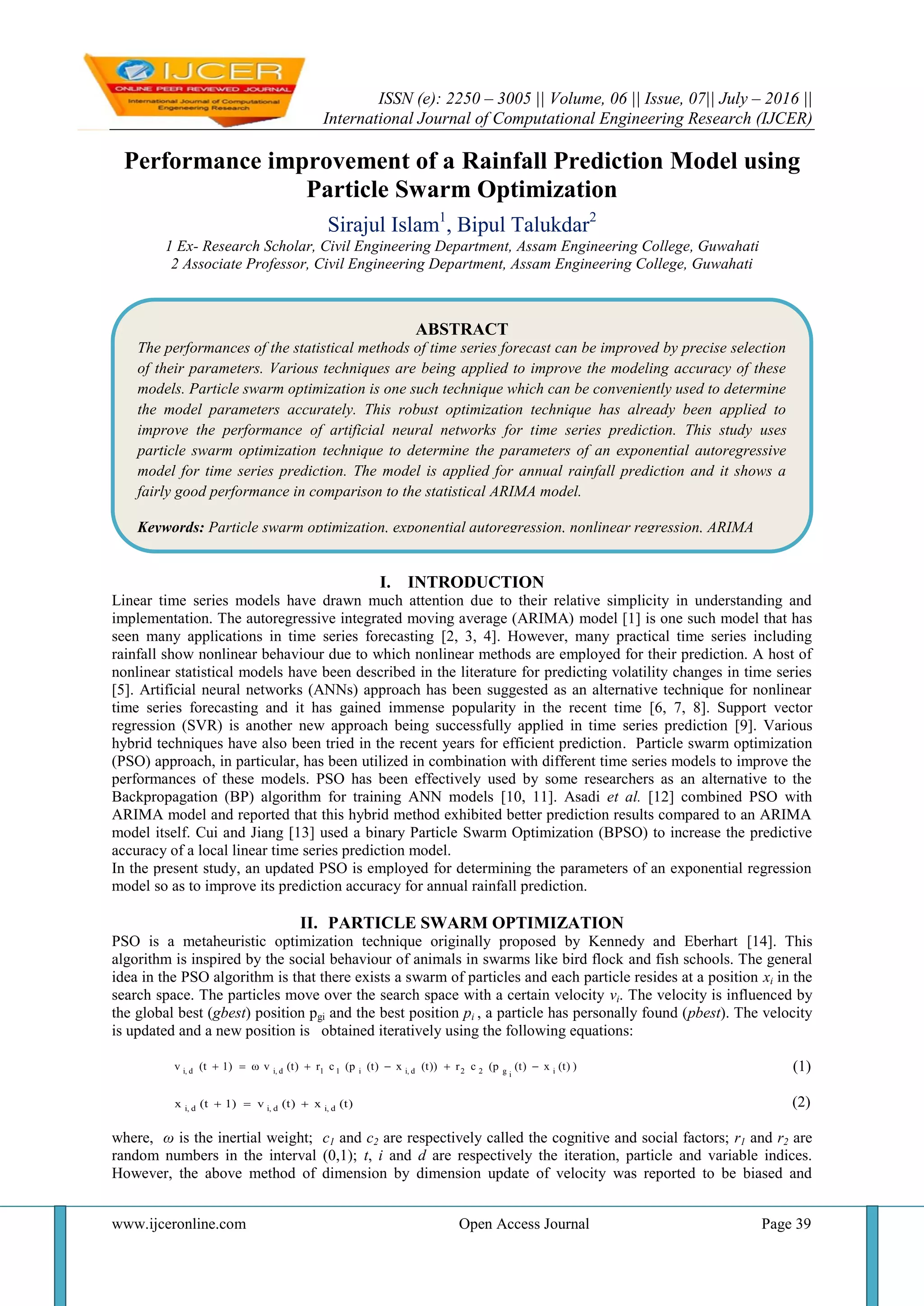 Performance improvement of a Rainfall Prediction Model using Particle Swarm Optimization | PDF