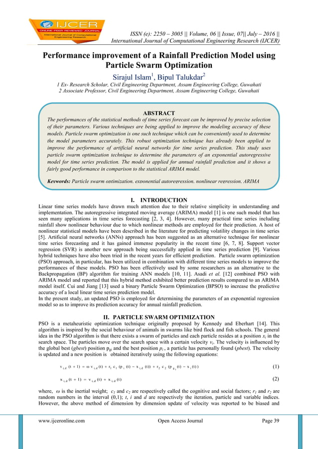Performance improvement of a Rainfall Prediction Model using Particle Swarm Optimization | PDF ...