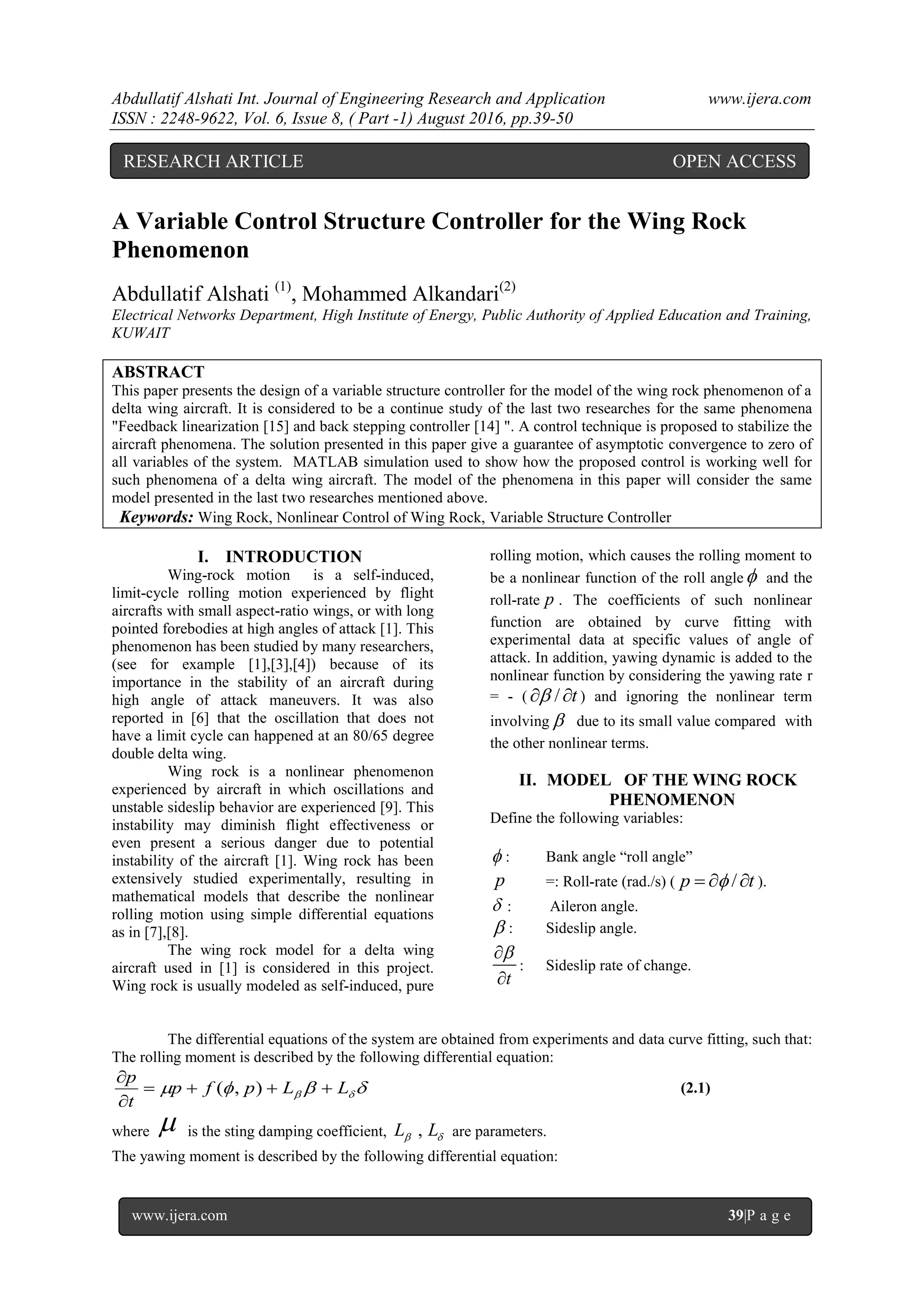 A Variable Control Structure Controller for the Wing Rock Phenomenon | PDF