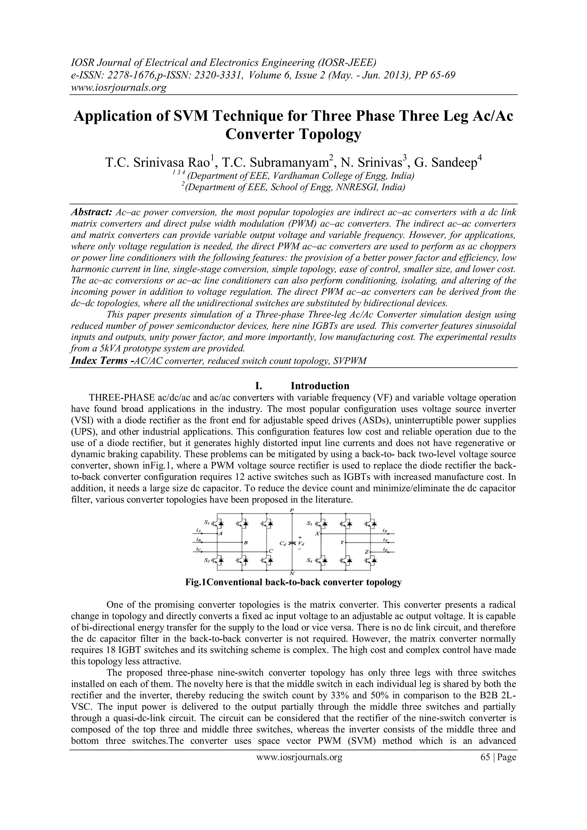 Application of SVM Technique for Three Phase Three Leg Ac/Ac Converter Topology | PDF