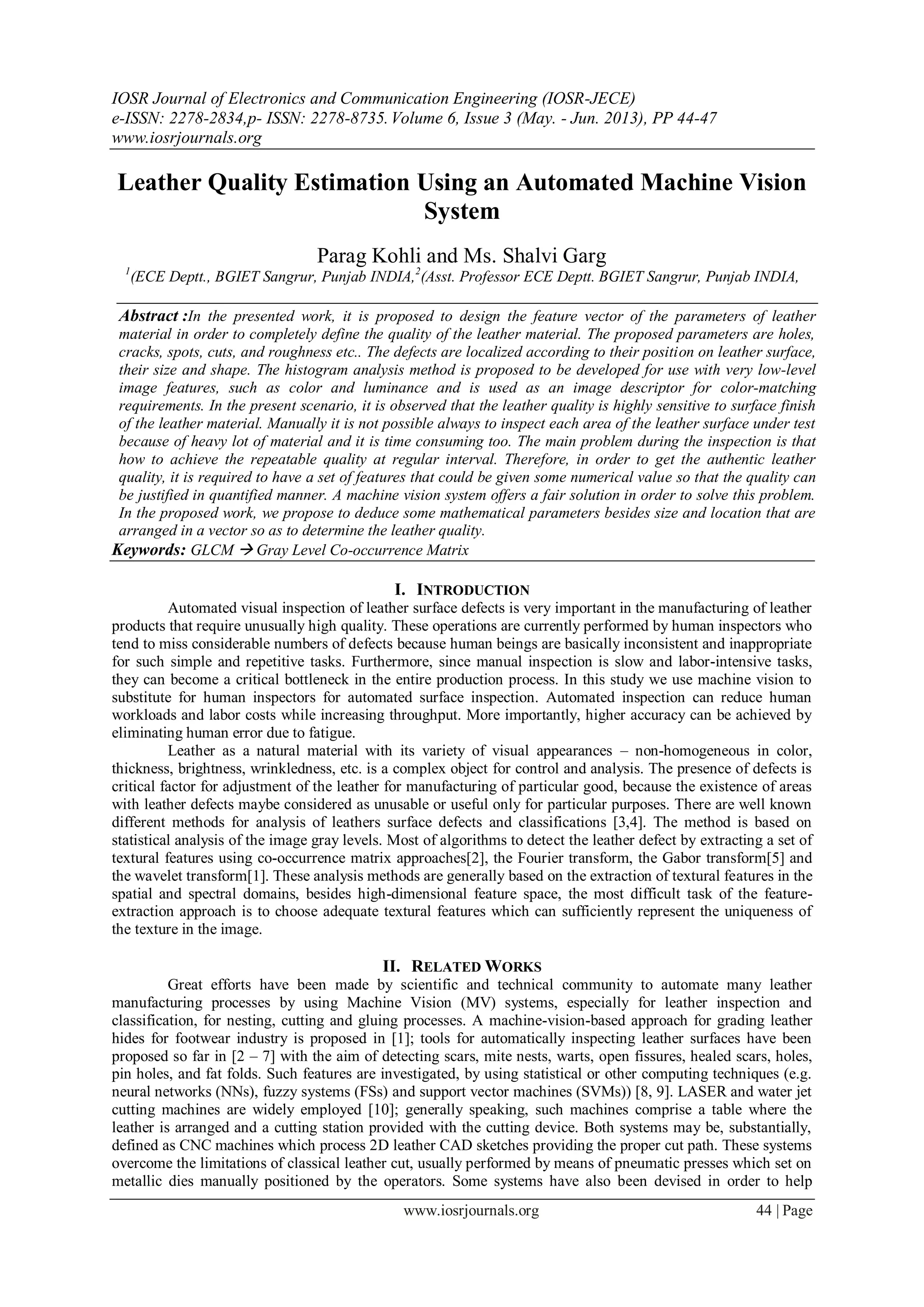 Leather Quality Estimation Using an Automated Machine Vision System | PDF