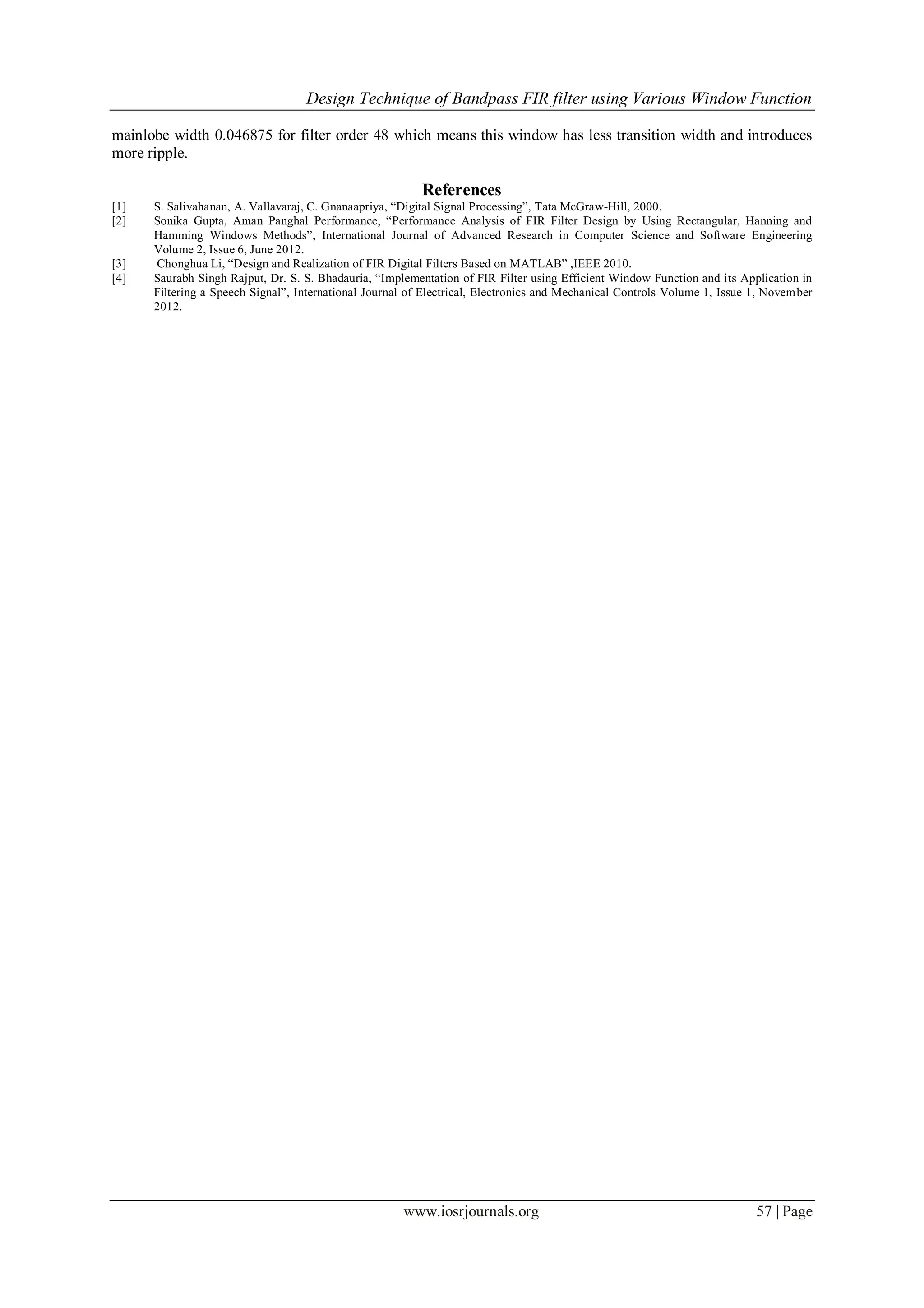 Design Technique of Bandpass FIR filter using Various Window Function | PDF