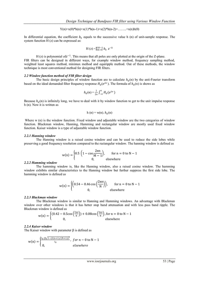 Design Technique of Bandpass FIR filter using Various Window Function | PDF